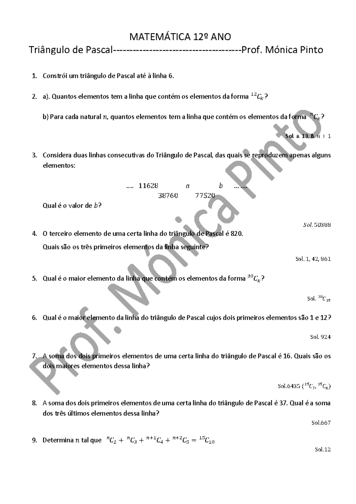 Triangulo pascal meu - MATEMÁTICA 12º ANO Triângulo de Pascal-Prof ...