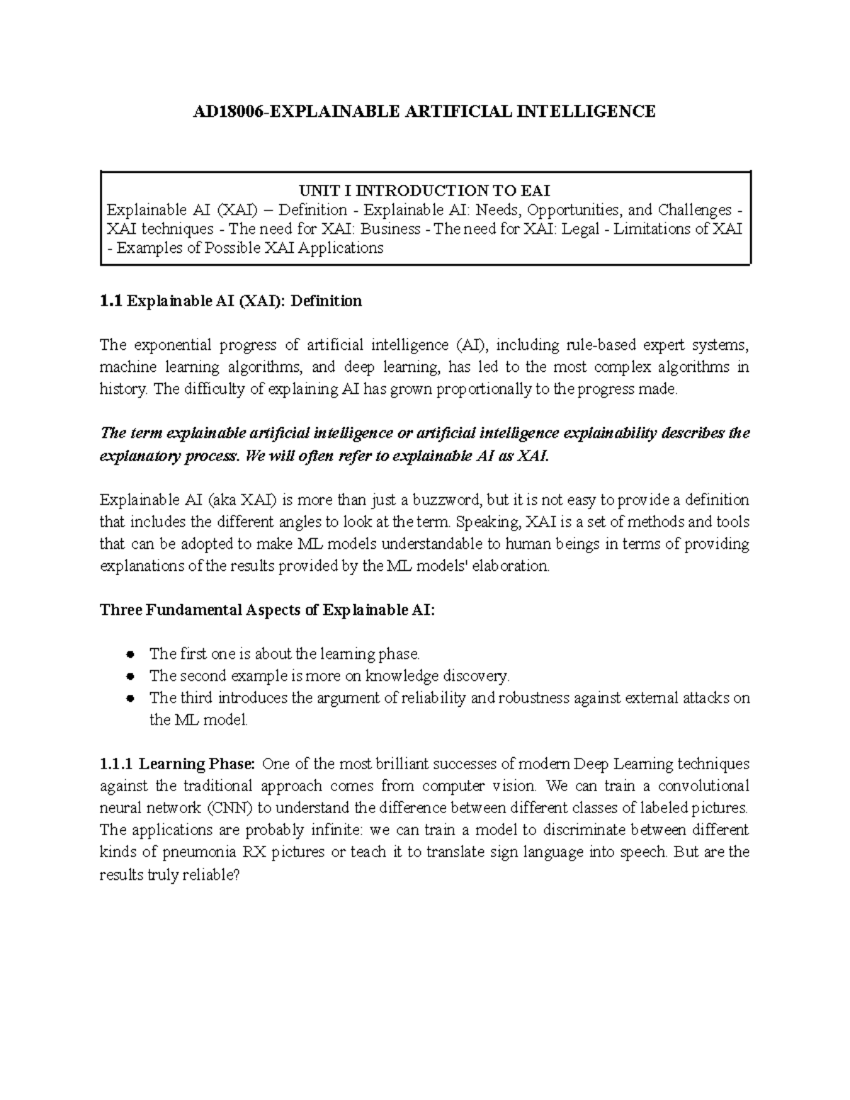 Xai Unit 1 Lecture Notes Ad18006 Explainable Artificial Intelligence Unit I Introduction To