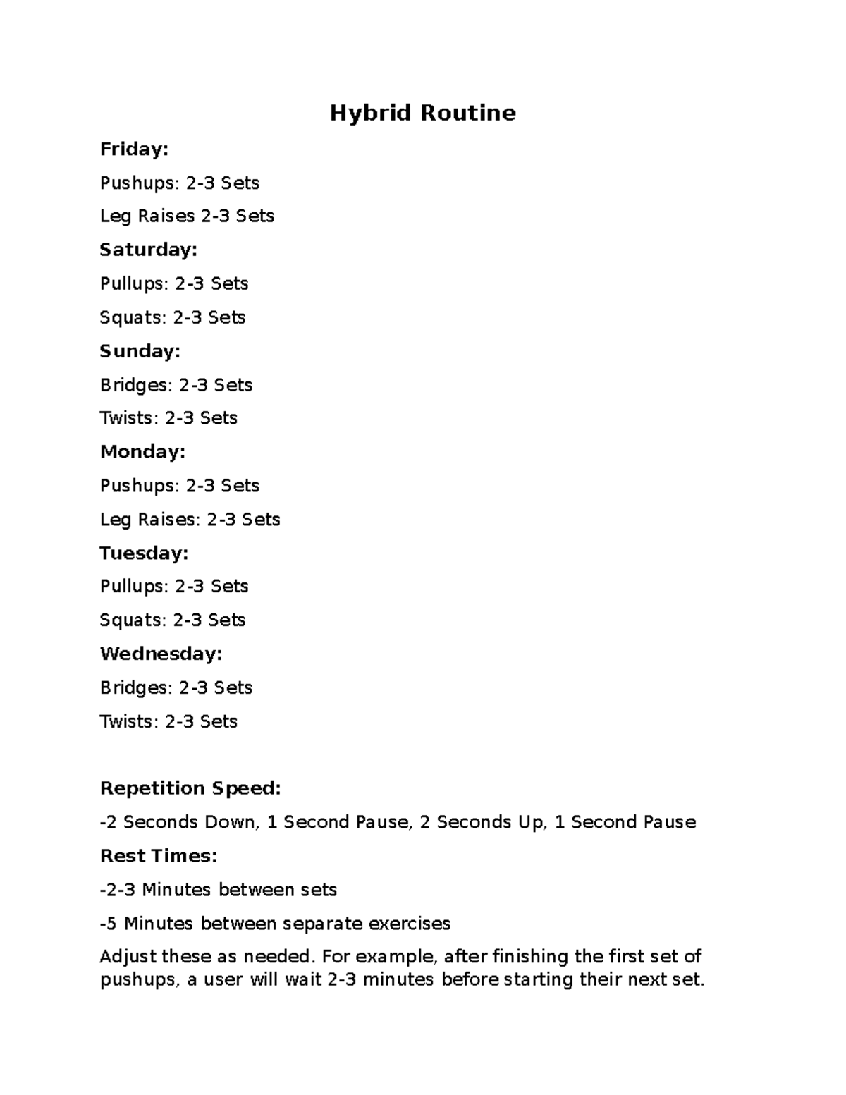 Hybrid Routine - info - Hybrid Routine Friday: Pushups: 2-3 Sets Leg ...
