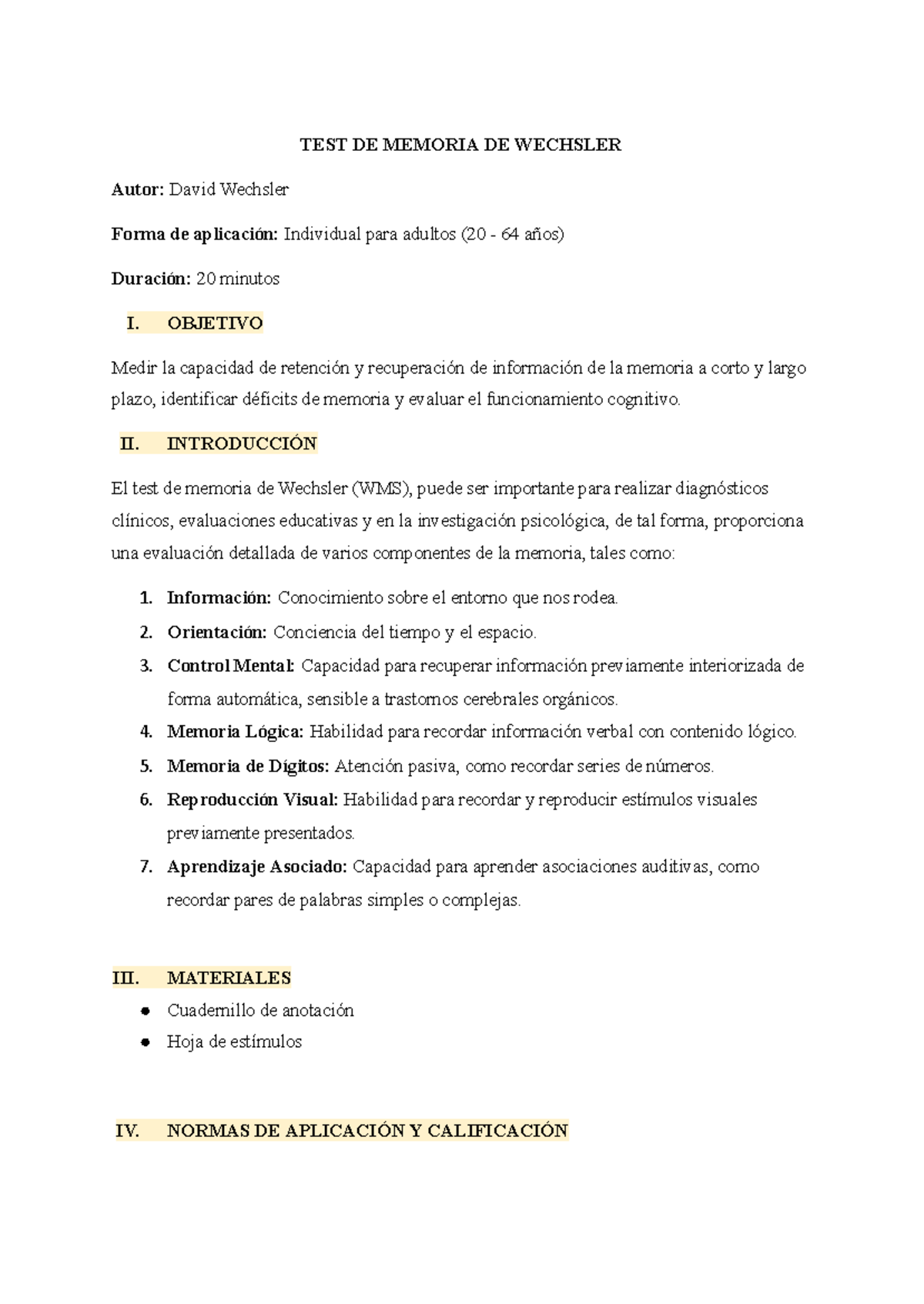 TEST Wehcsler - TEST DE MEMORIA DE WECHSLER Autor: David Wechsler Forma ...