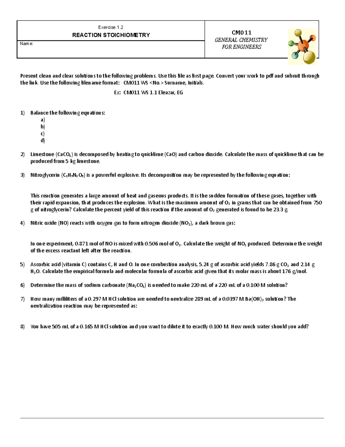 CM011 Exercise 1 - chem lec - Exercise 1. REACTION STOICHIOMETRY CM ...