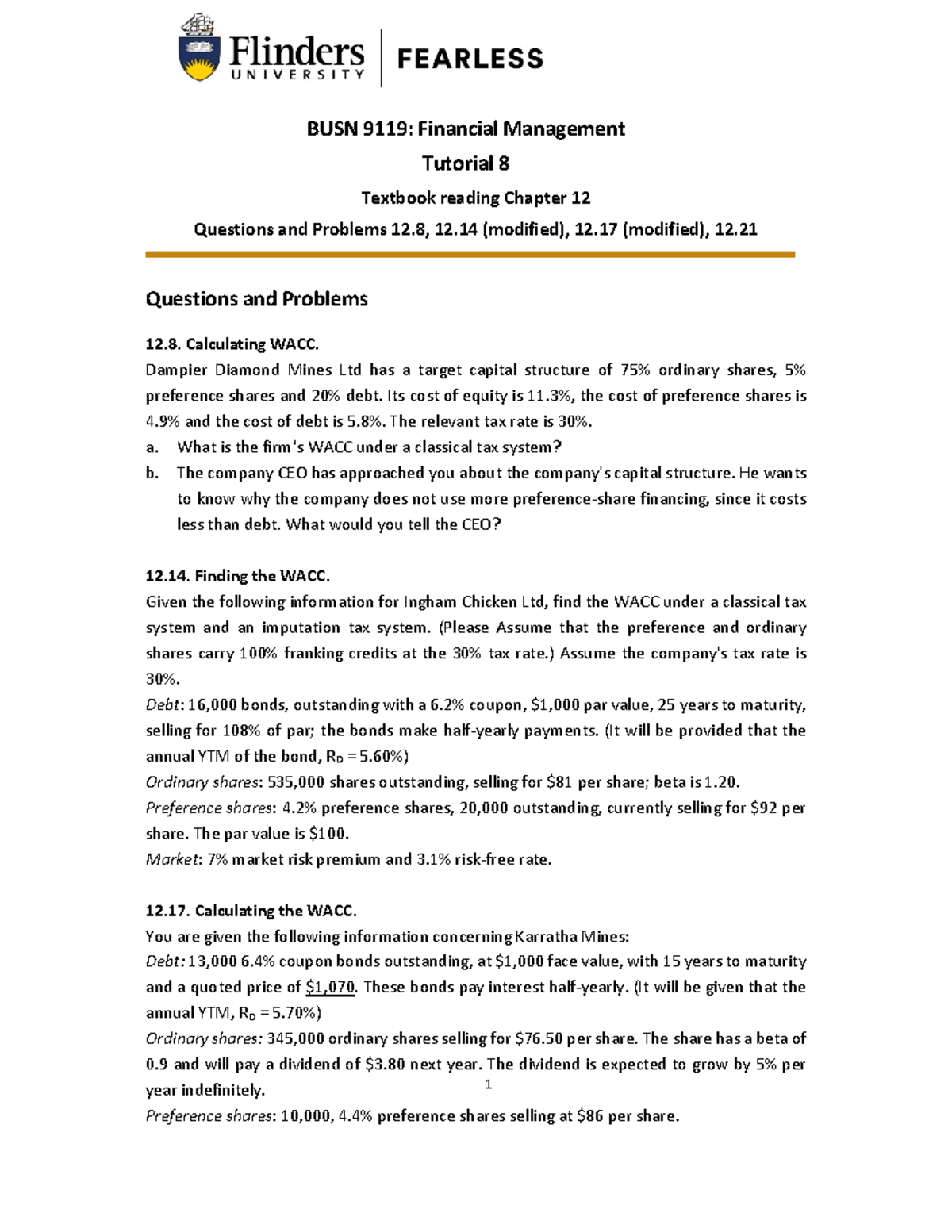 Tutorial 8 - Finance assignment - 1 BUSN 9119: Financial Management ...