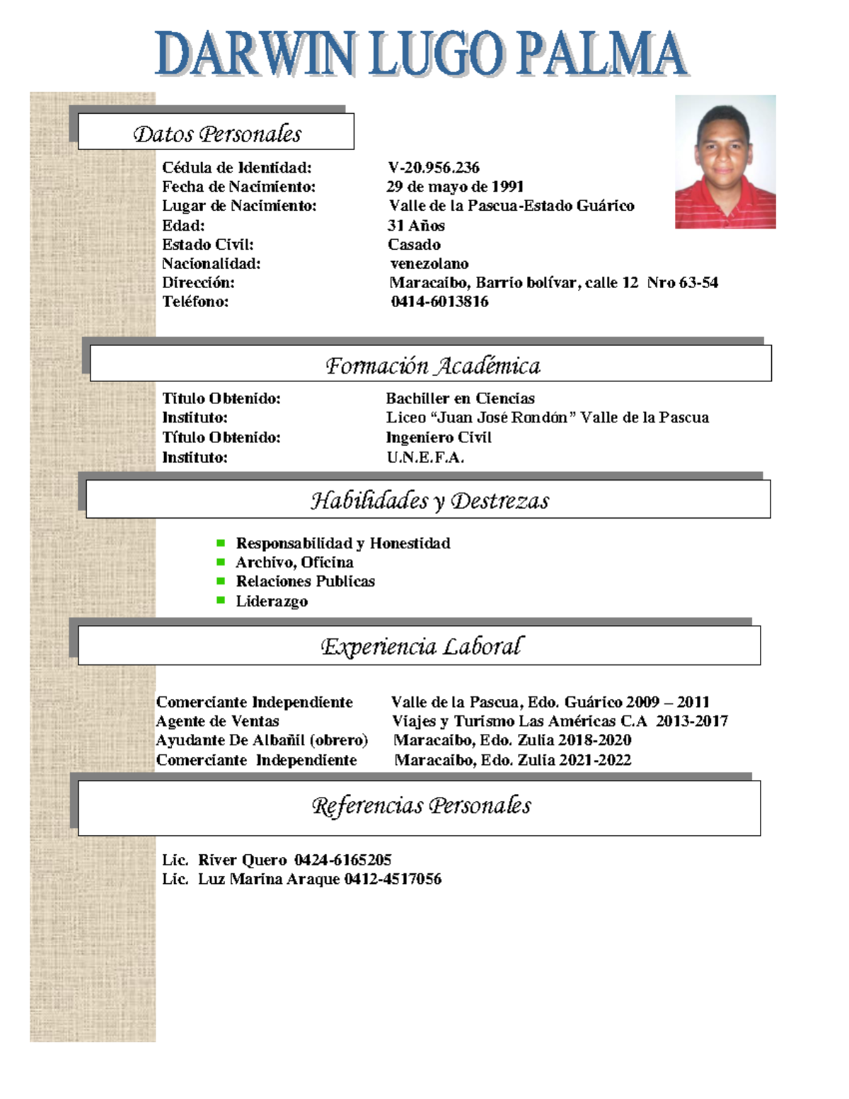 Curriculum Darwin Lugo - Cédula de Identidad: V-20. Fecha de Nacimiento: 29 de mayo de 1991 ...
