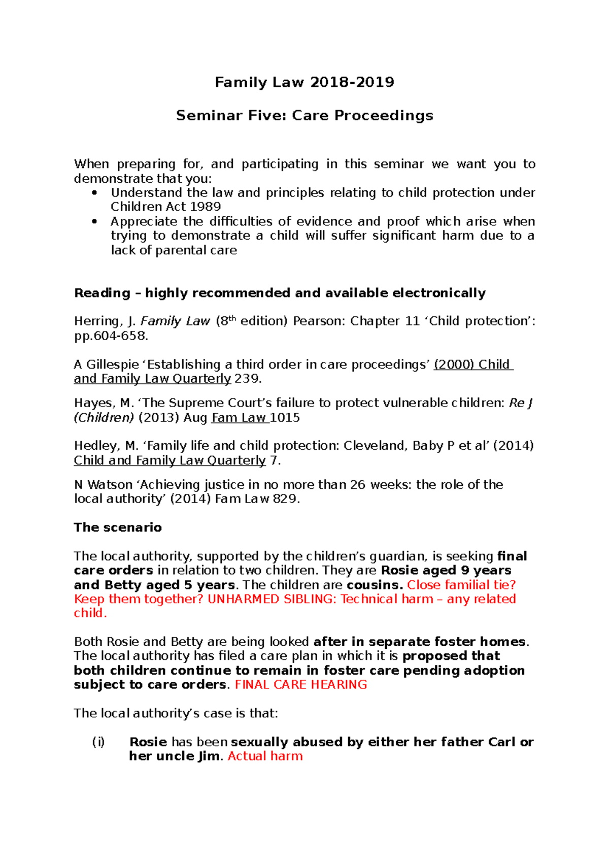 Seminar Work Care Proceedings - Family Law 2018-2019 Seminar Five: Care ...