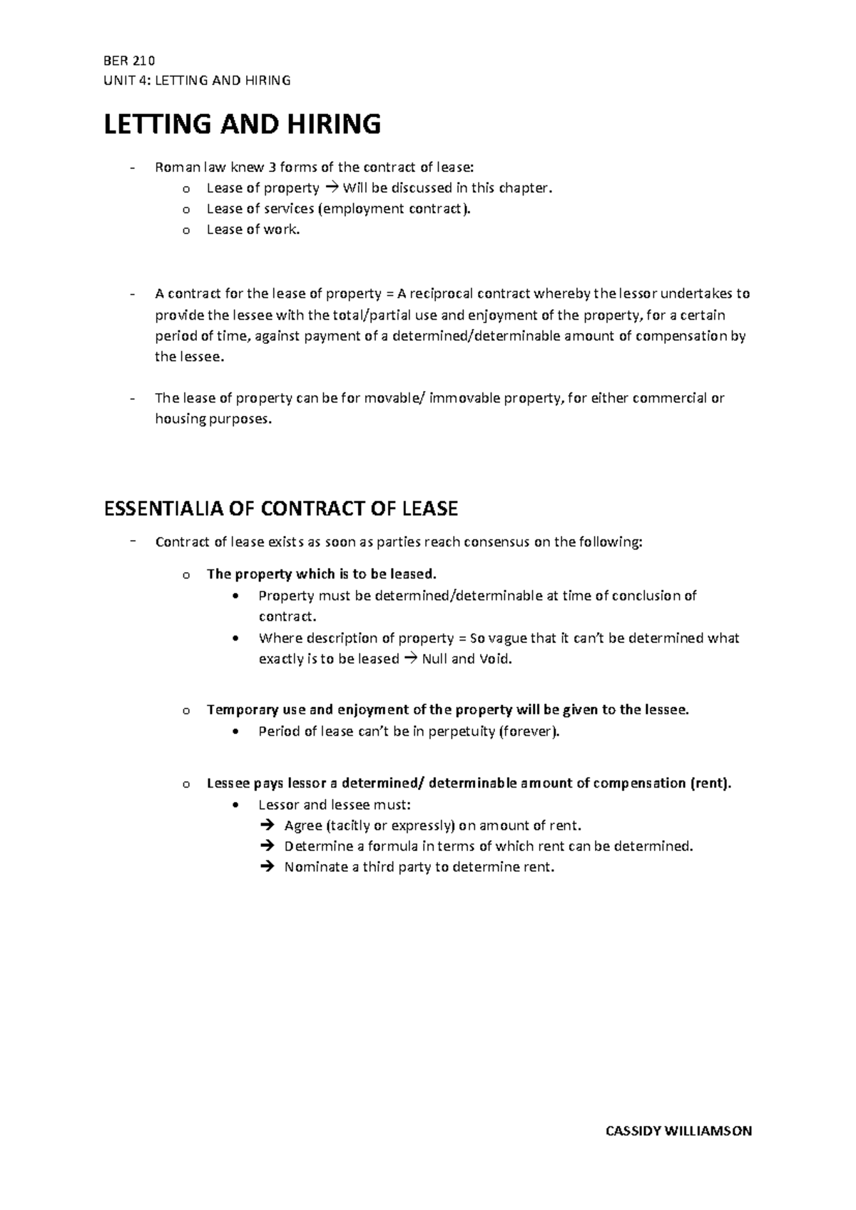 Letting and Hiring (lease) - UNIT 4: LETTING AND HIRING LETTING AND ...