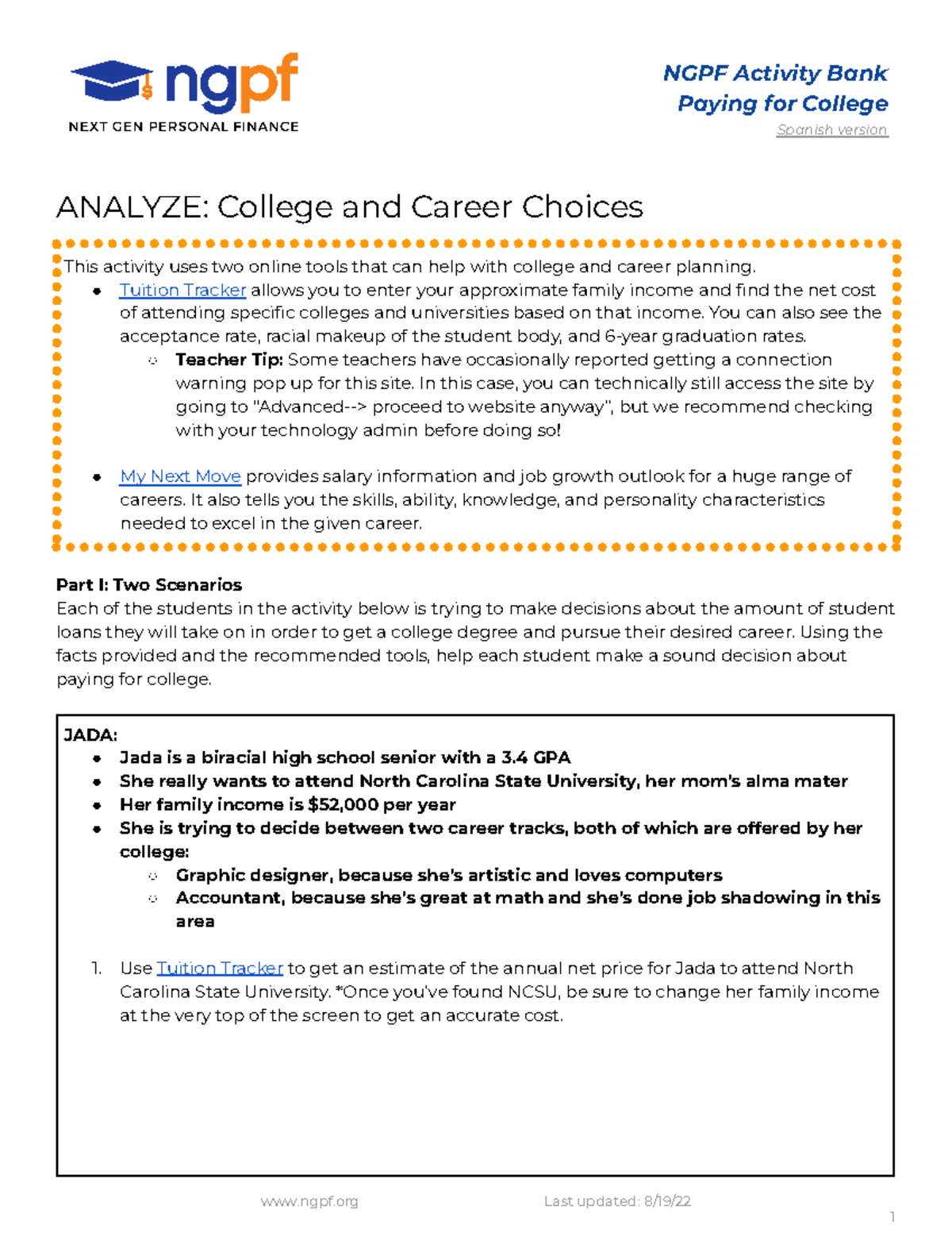 College & Career Choices Indepdent Assignment-1 - NGPF Activity Bank ...