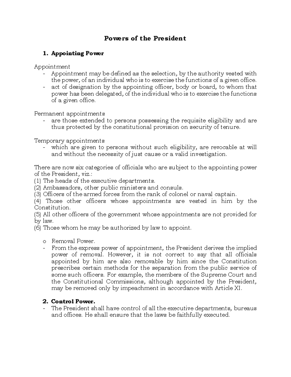 Powers of the President - Powers of the President Appointing Power ...