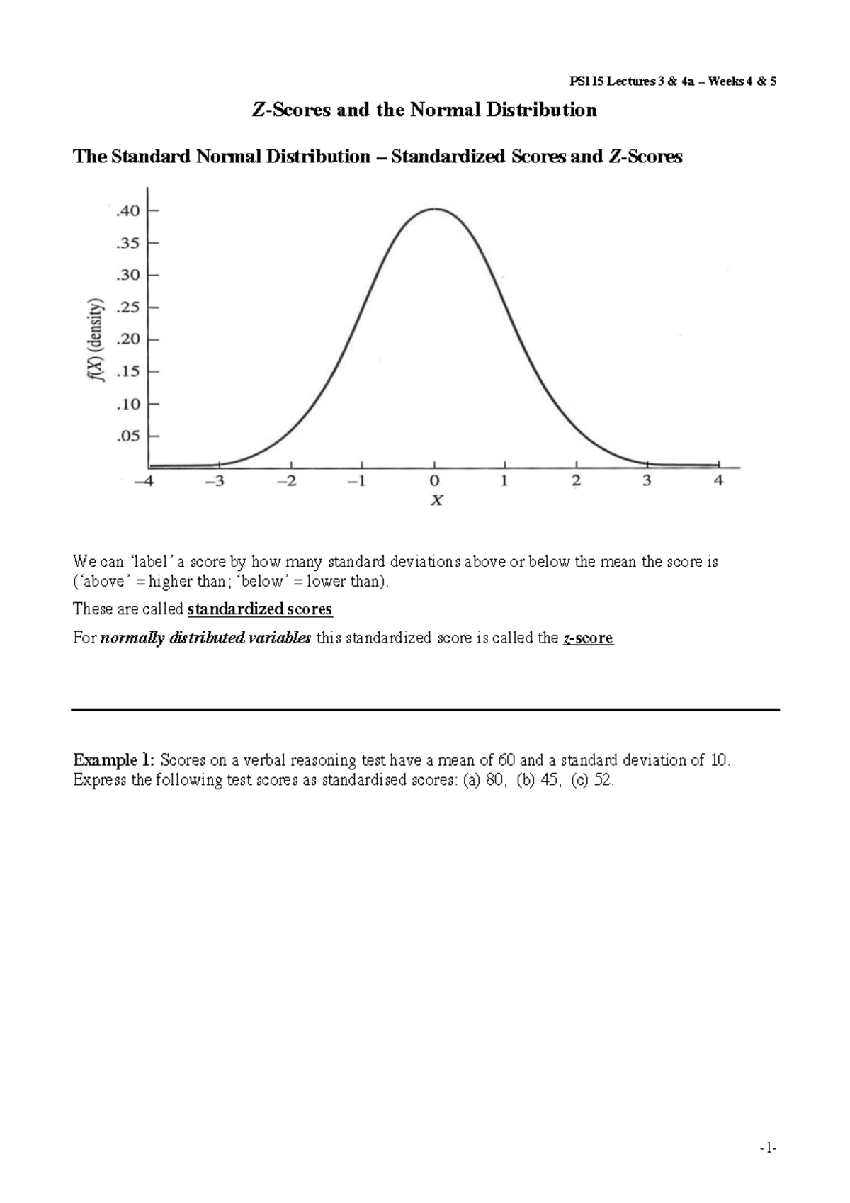 PS115 Lecture 03 Handout Z- Scores & THE Normal Distribution - PS115 ...