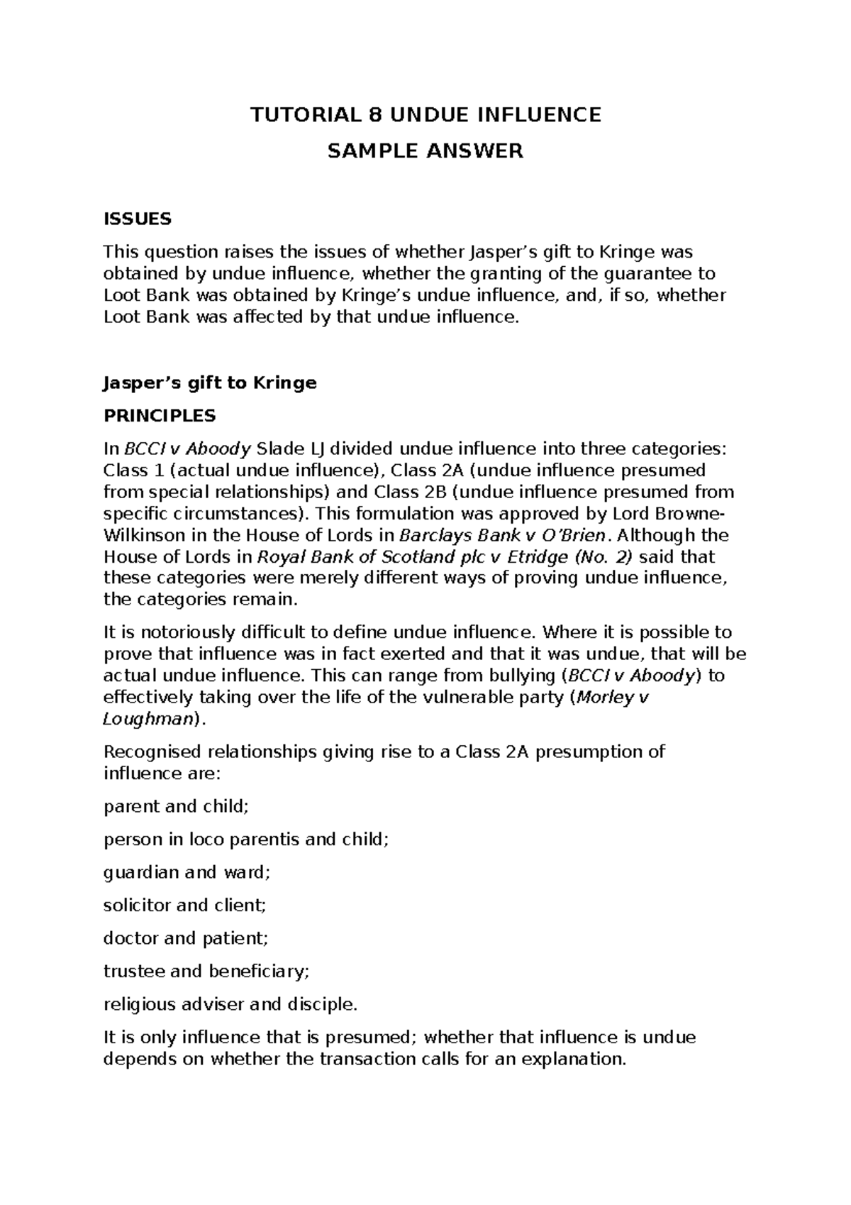 Undue Influence Sample ANS amd - TUTORIAL 8 UNDUE INFLUENCE SAMPLE ...