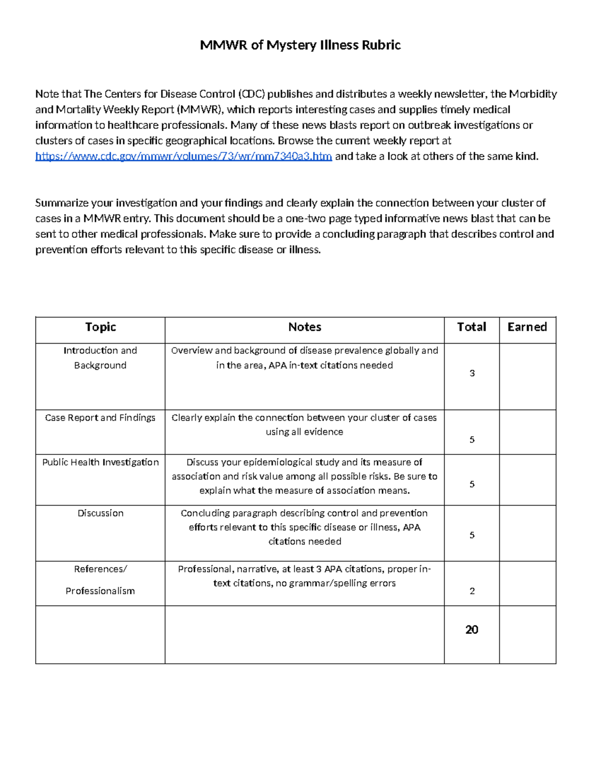 MMWR of Mystery Illness Rubric - Many of these news blasts report on ...