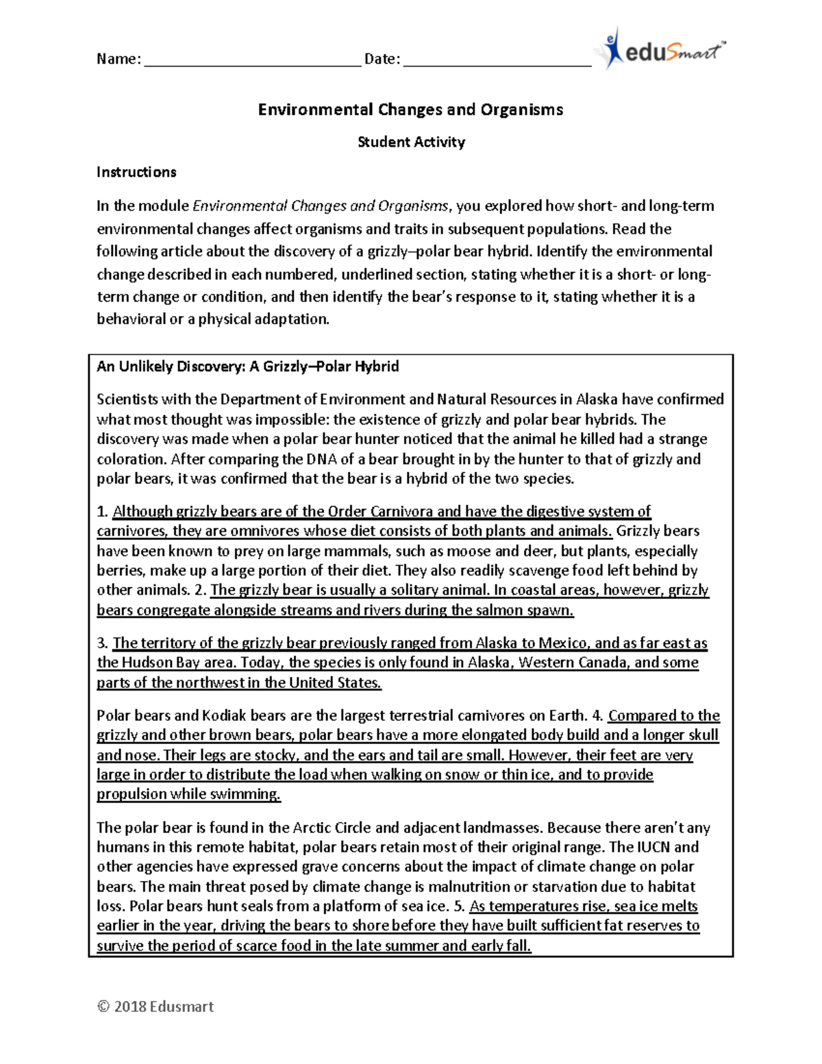 Environmental Changes Student Activity - Name ...