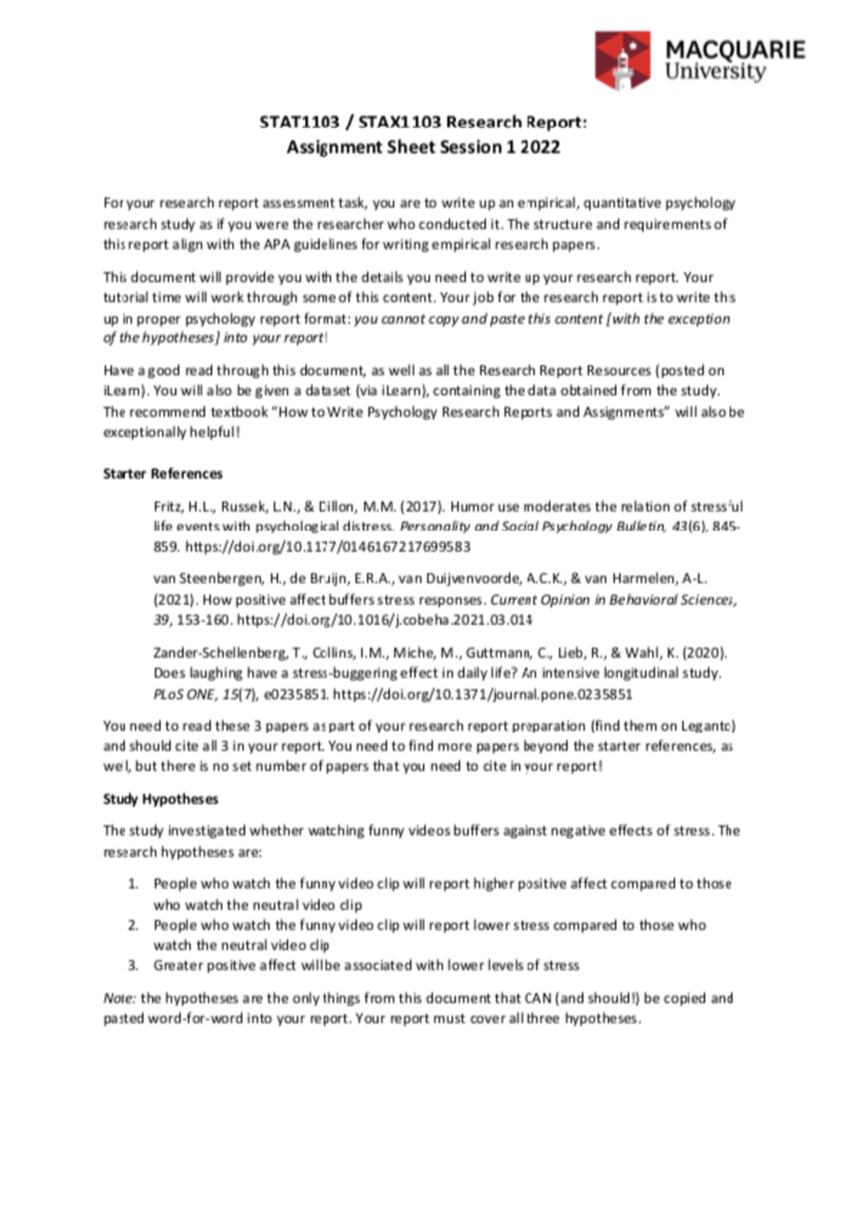 Assignment Sheet STAT1103 - MACQUARIE University STAT1103 STAX1103 Research Report: Assignment ...