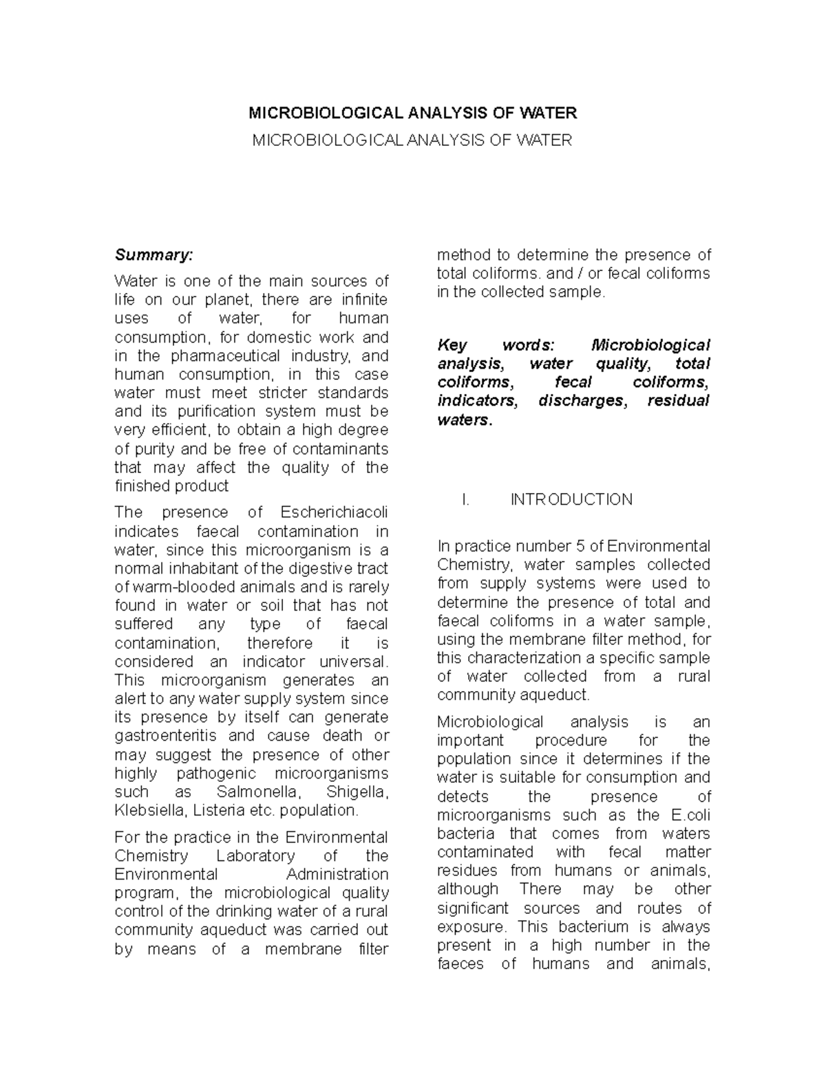Microbiological analysis of water - MICROBIOLOGICAL ANALYSIS OF WATER ...