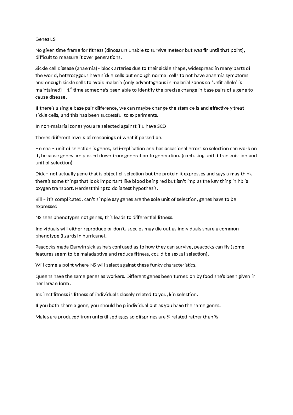 Genes l5 - lecture 5 - Genes L No given time frame for fitness ...