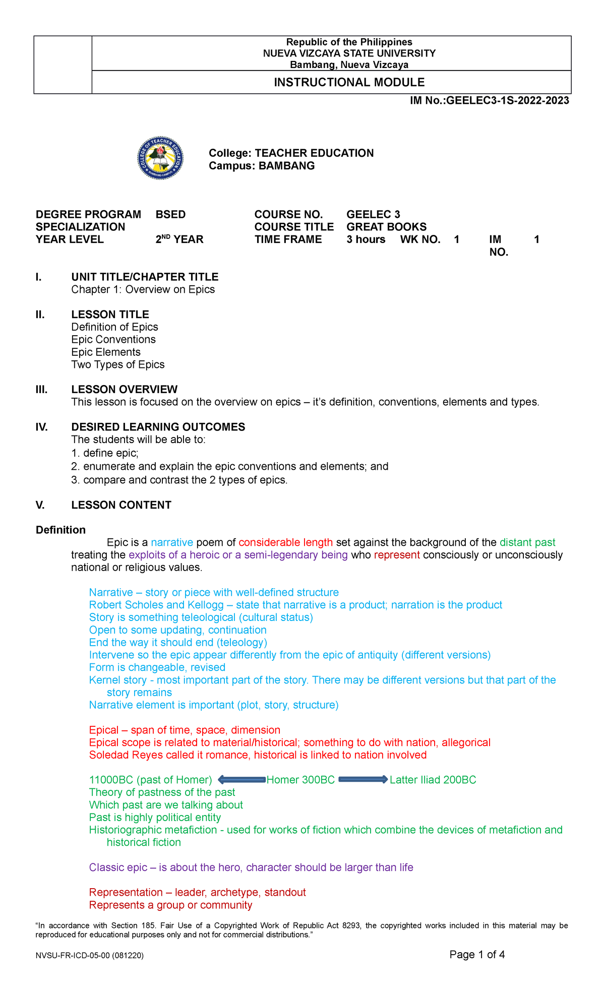 1 Overview on Epic - BEED gen ed - NUEVA VIZCAYA STATE UNIVERSITY ...