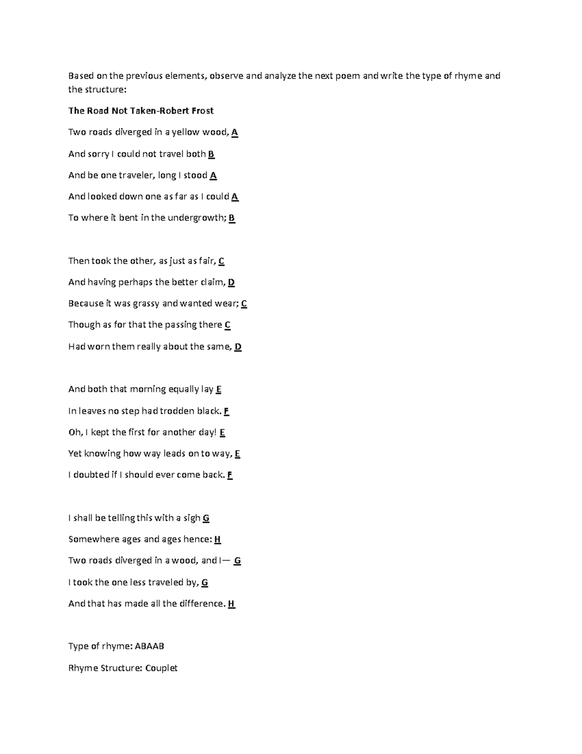 Rhyme and structure exercise - Based on the previous elements, observe ...