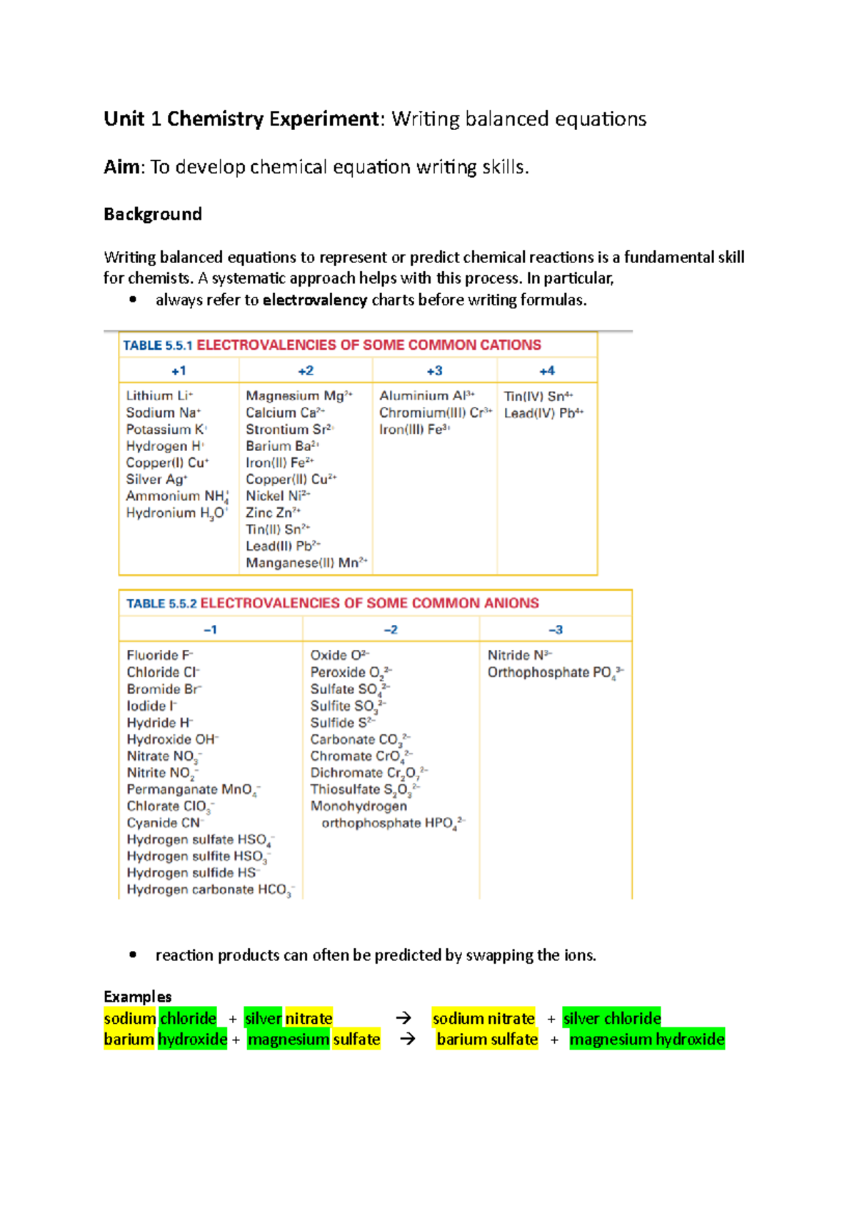Writing balanced equations - Background Writing balanced equations to ...