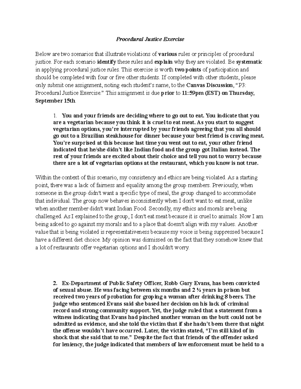 Procedural justice exercise - Procedural Justice Exercise Below are two ...