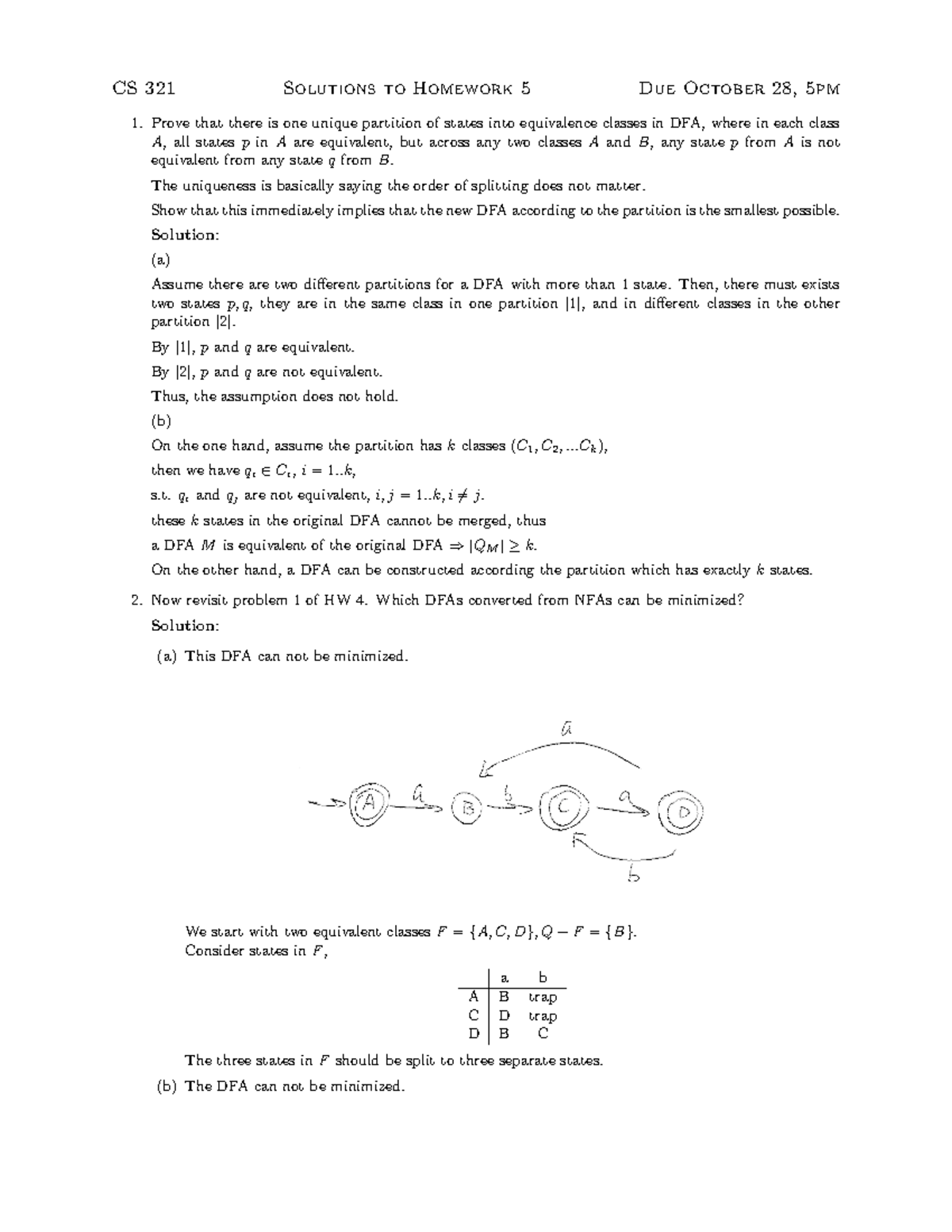 HW5Sol - Solution for HW # 5 - CS 321 Solutions to Homework 5 Due October 28, 5pm Prove that ...