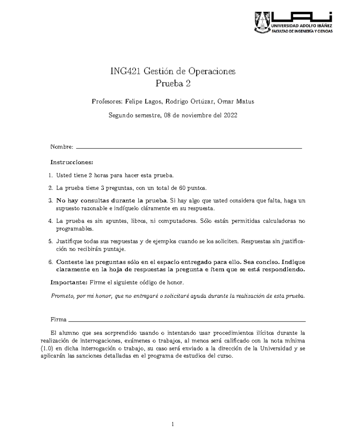 2022-S2-prueba-2 pauta - ING421 Gesti ́on de Operaciones Prueba 2 Profesores: Felipe Lagos ...
