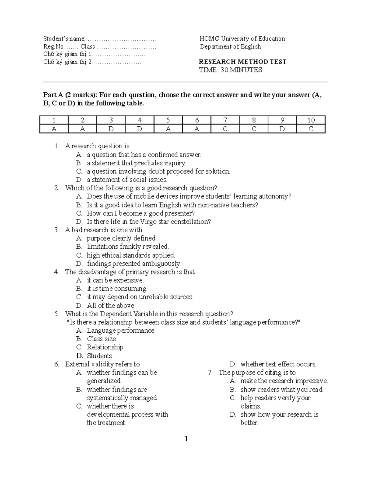 Mini test for Research Methodology - Student’s name ...