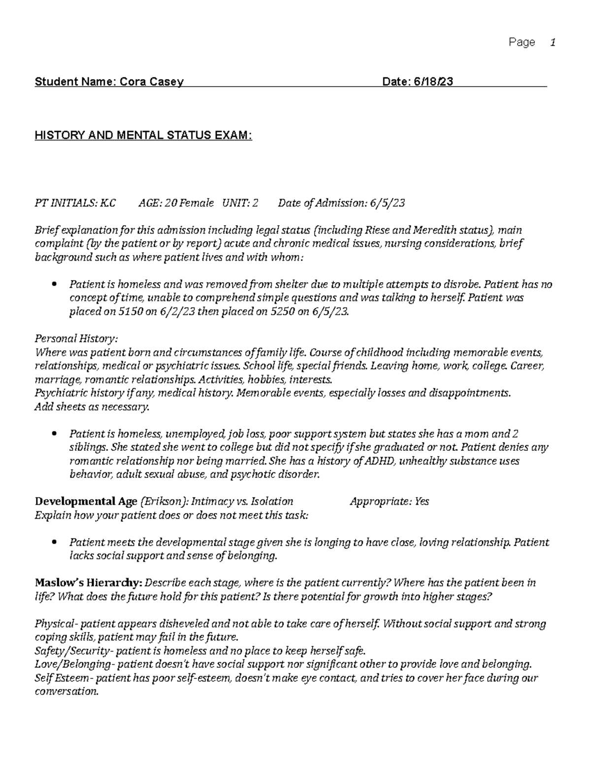 Psychosocial Assessment Form pt - Student Name: Cora Casey Date: 6/18 ...