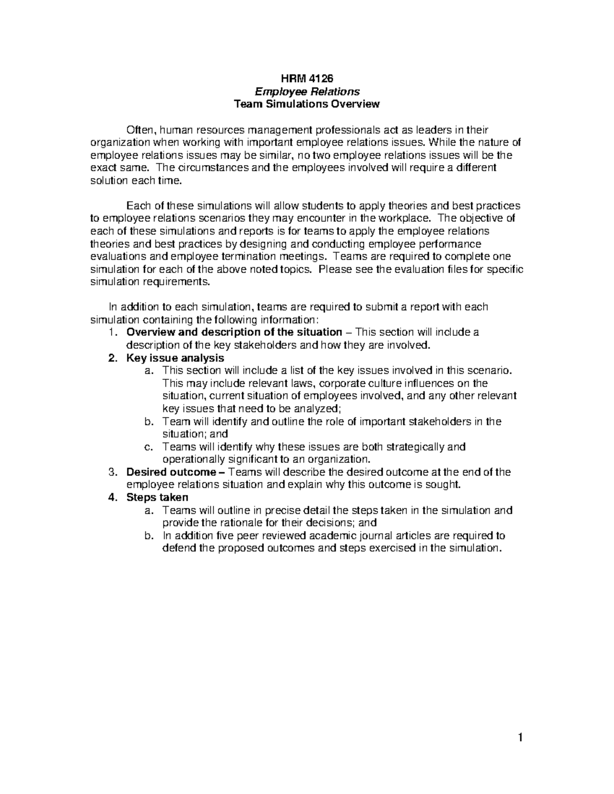 HRM 4126 Team Simulations Overview - 1 HRM 4 126 Employee Relations ...