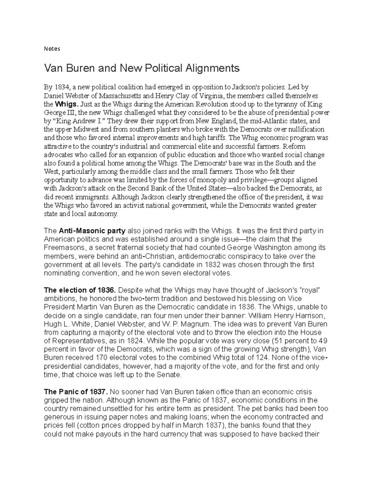 Document 125 - history - Notes Van Buren and New Political Alignments ...