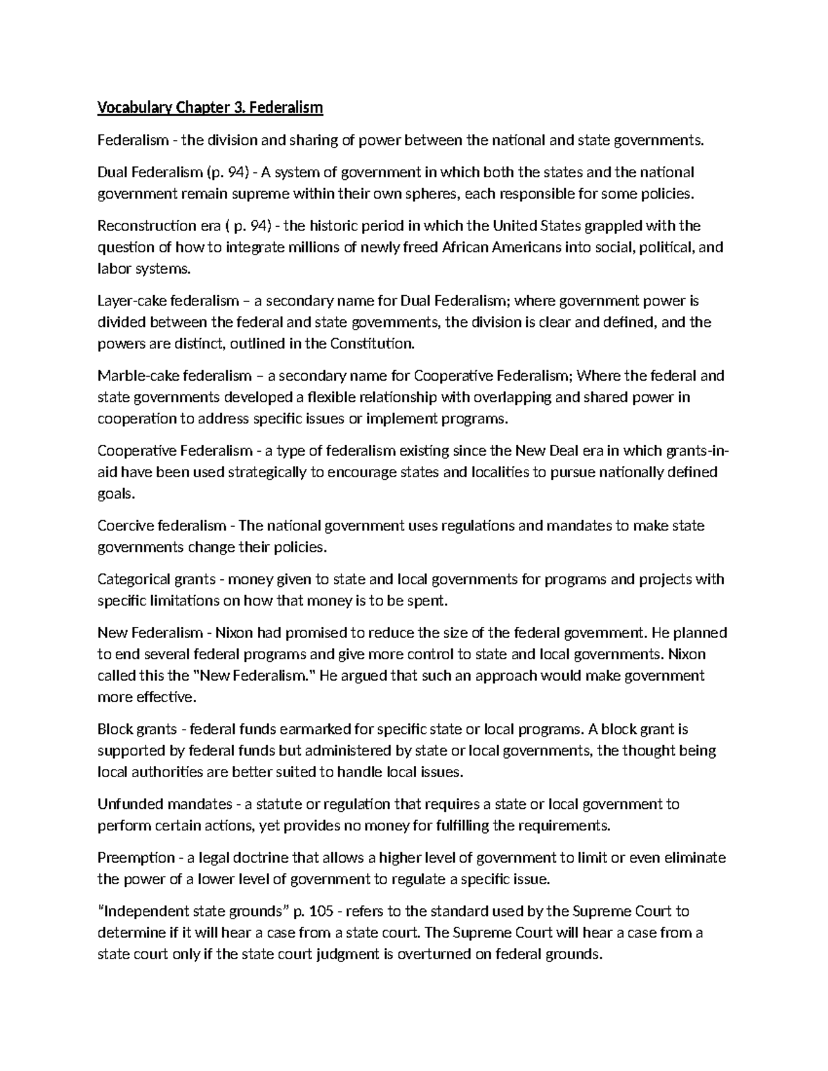 Vocabulary. Chapter 3. Federalism - Vocabulary Chapter 3. Federalism ...