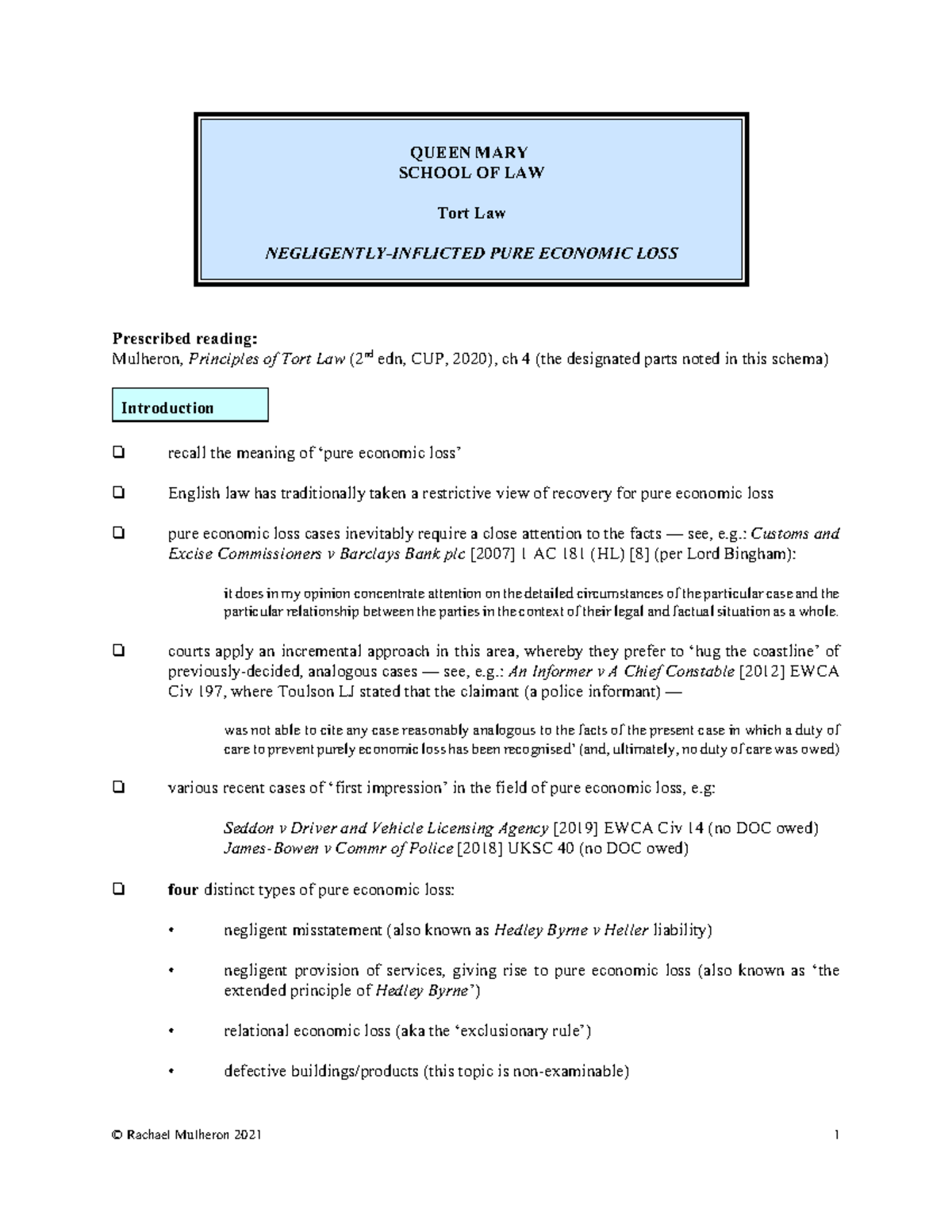 Pure economic loss lecture schema - LAW5001 - QMUL - Studocu