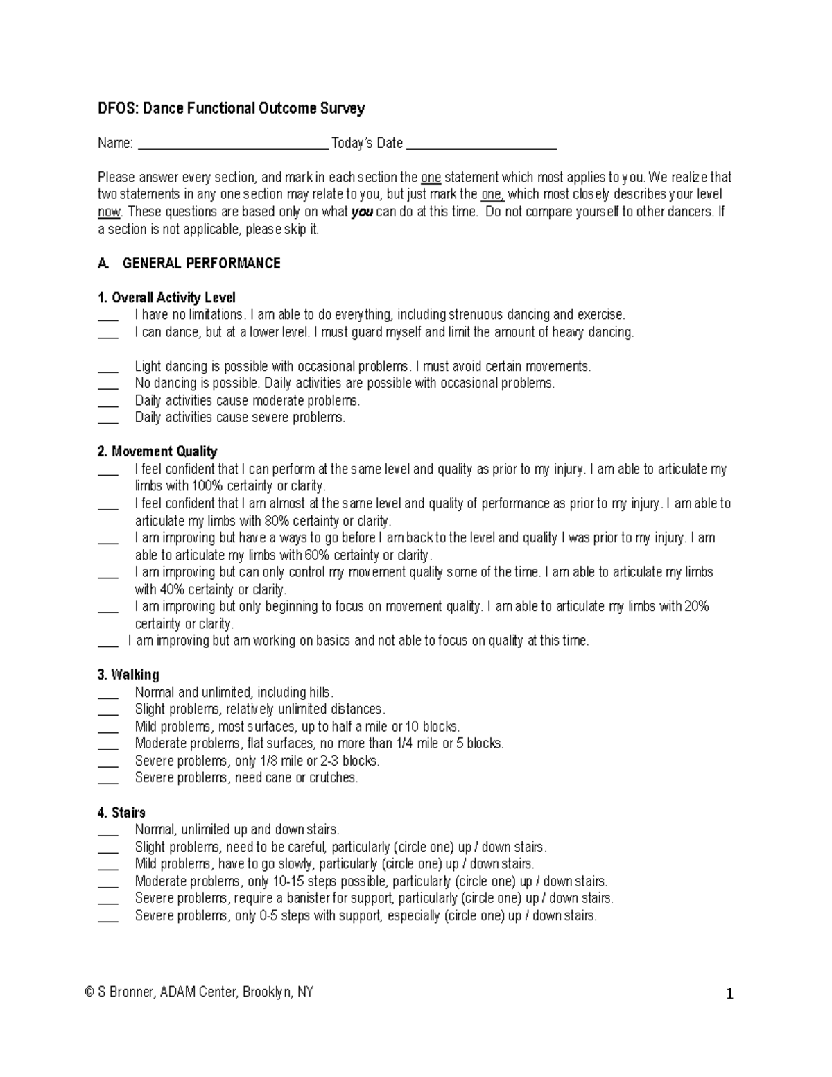 Bronner DFOS 14Q - DFOS: Dance Functional Outcome Survey Name