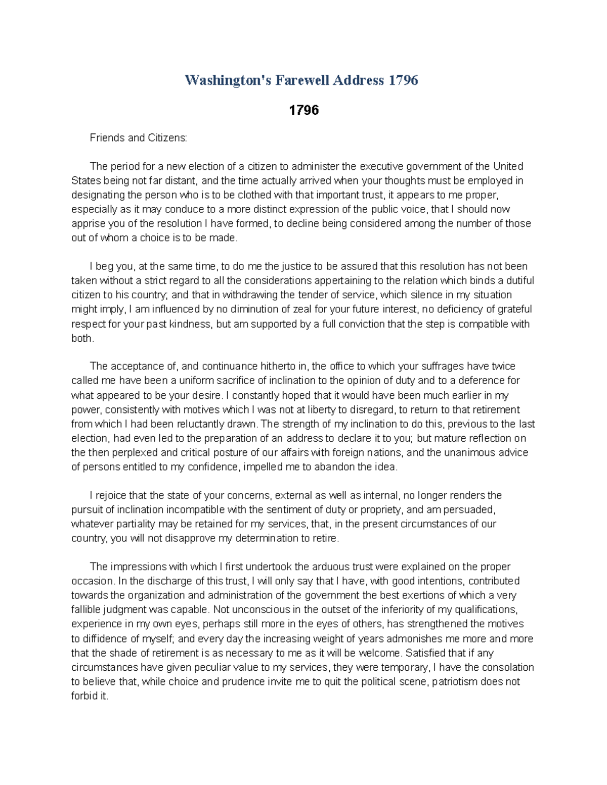 Washington's Farewell Address - I beg you, at the same time, to do me ...