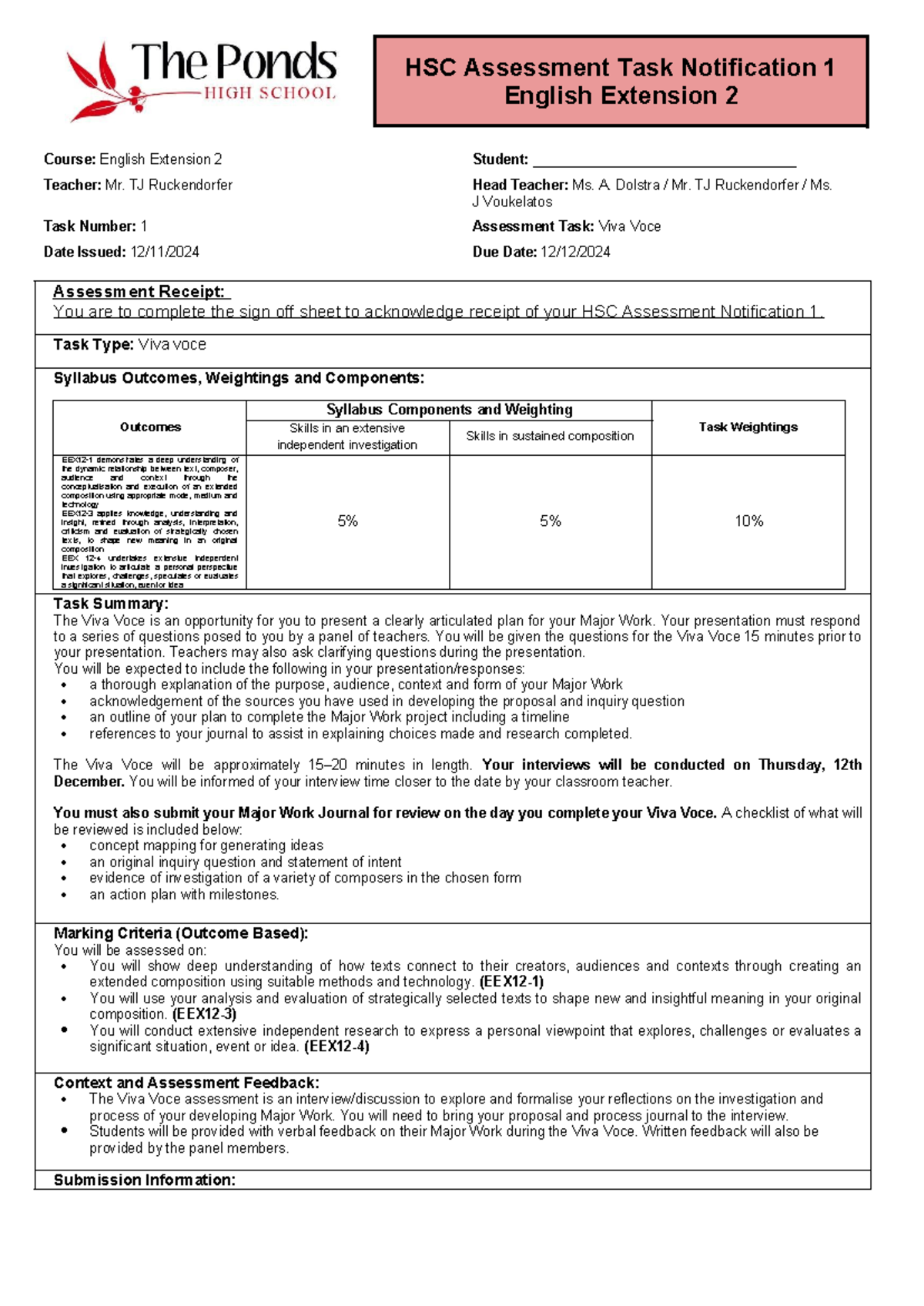 Year 12 English Extension 2 Viva Voce Term 4 2024 - Course: English ...