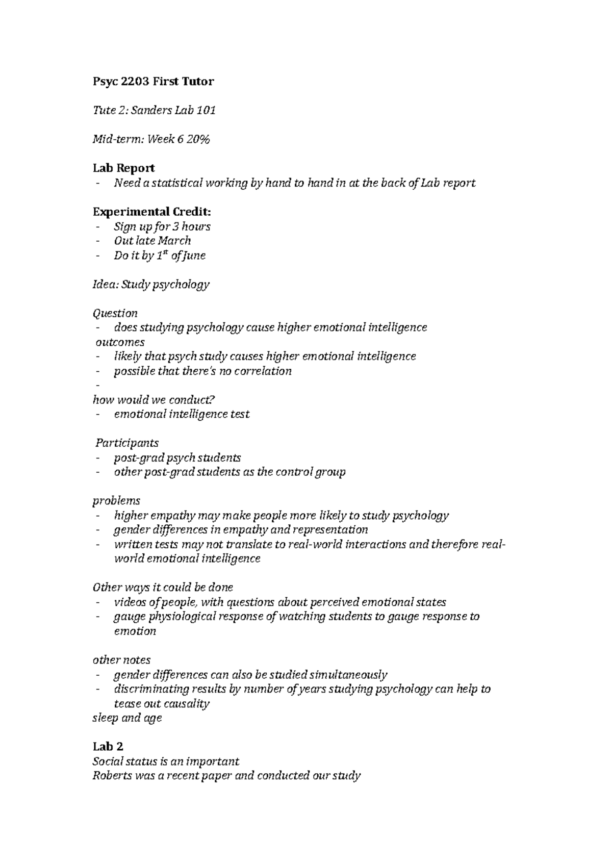 PSYC2203-Notes - Psyc 2203 First Tutor Tute 2: Sanders Lab 101 Week 6 ...