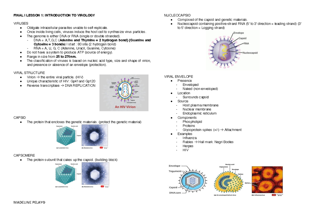MYCO VIRO - FINALS - FINAL | LESSON 1: INTRODUCTION TO VIROLOGY VIRUSES Obligate intracellular ...