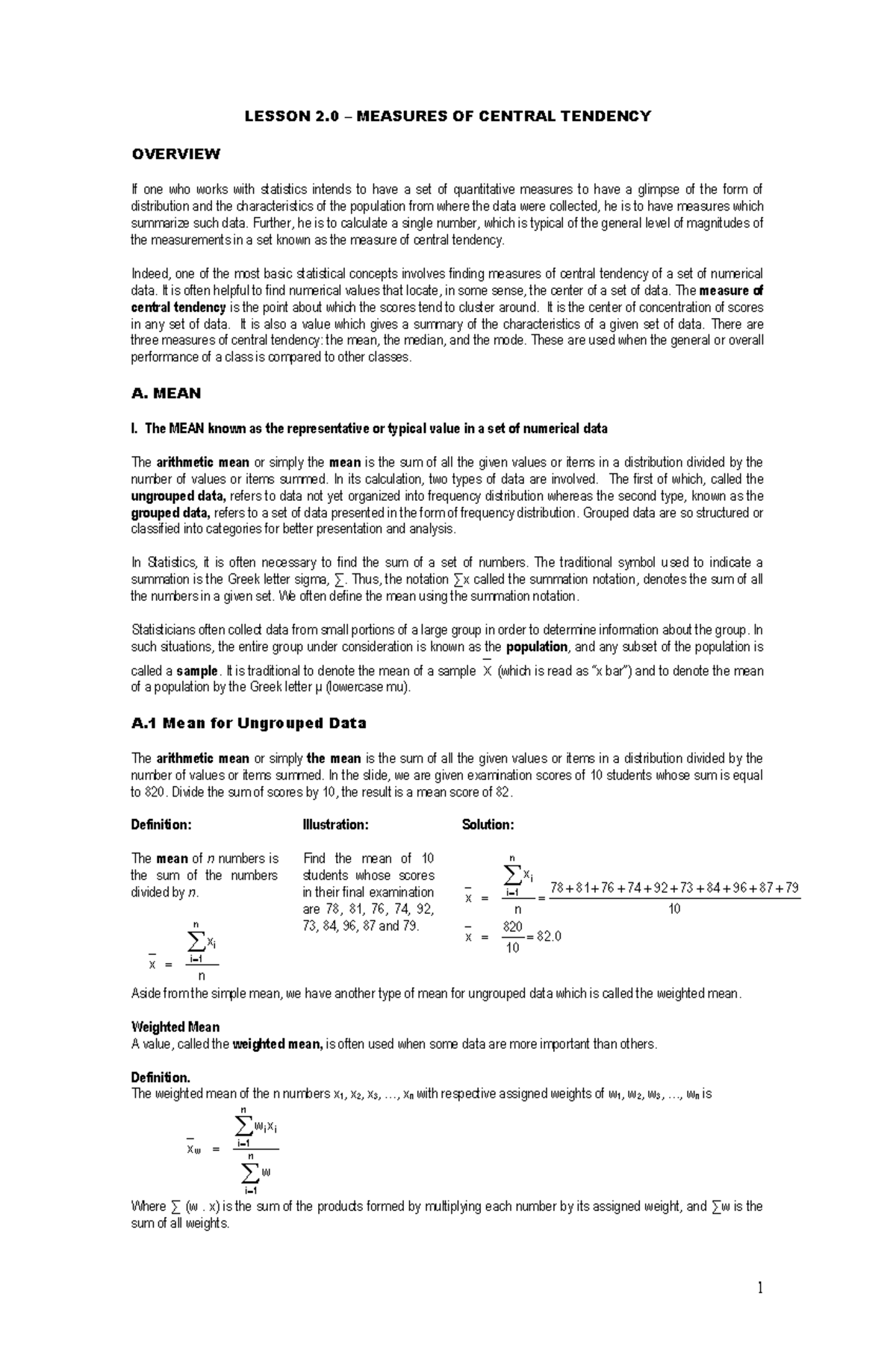 (2.1) Central Tendency Part 1 Edt 4 - LESSON 2 – MEASURES OF CENTRAL ...