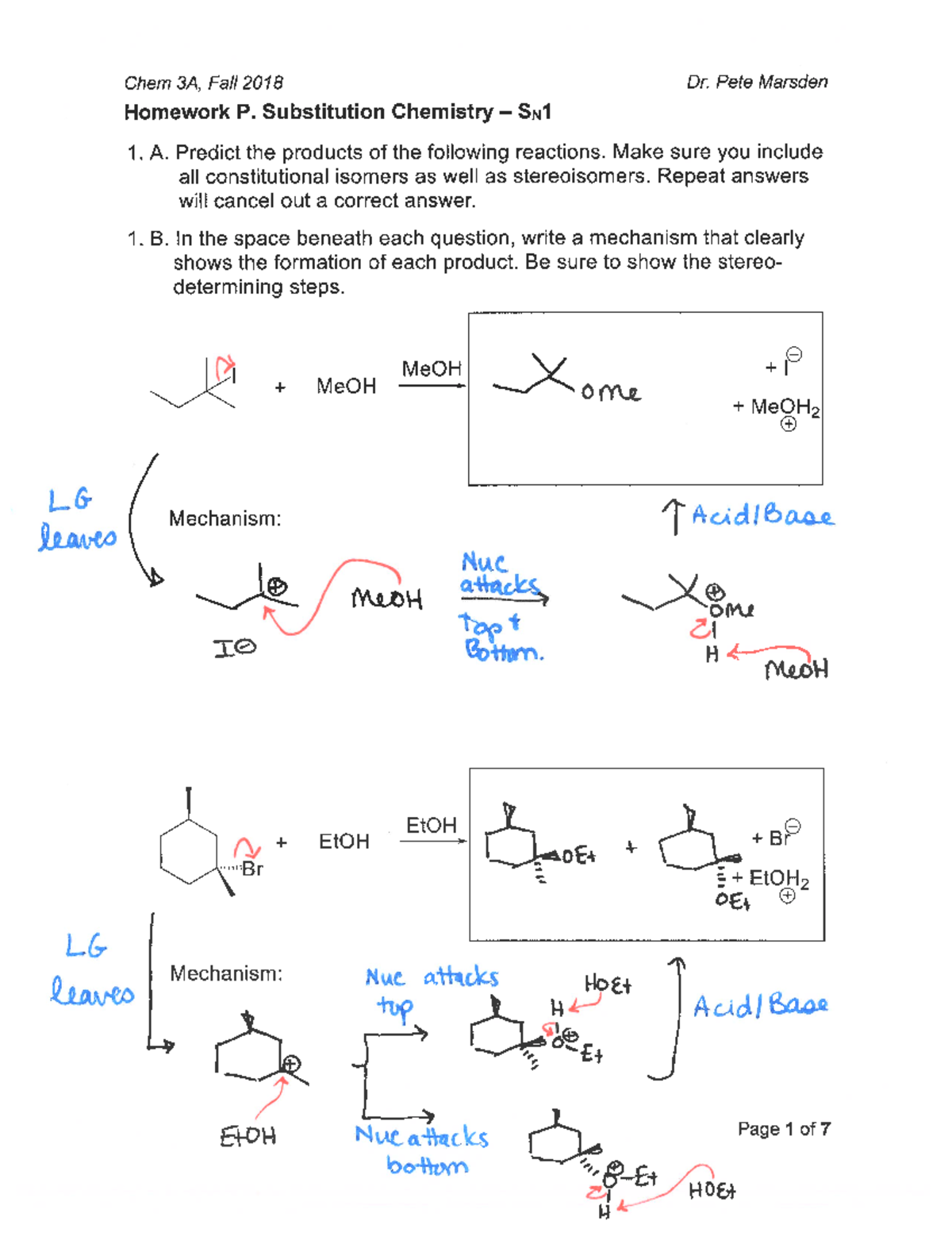 P. Substitution - SN1 (Chem 3A - Summer 2020) - Key - CHEM 3A - Studocu