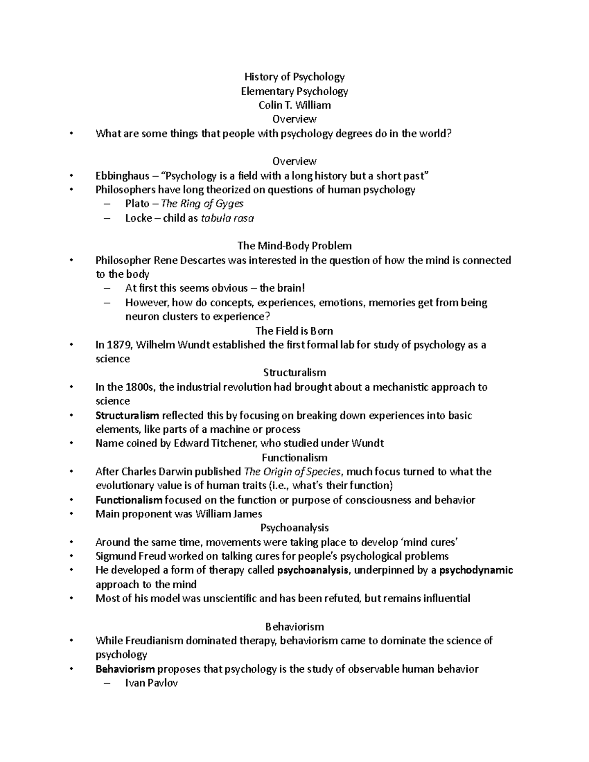 Psychology Unit 1 - History of Psychology Elementary Psychology Colin T ...