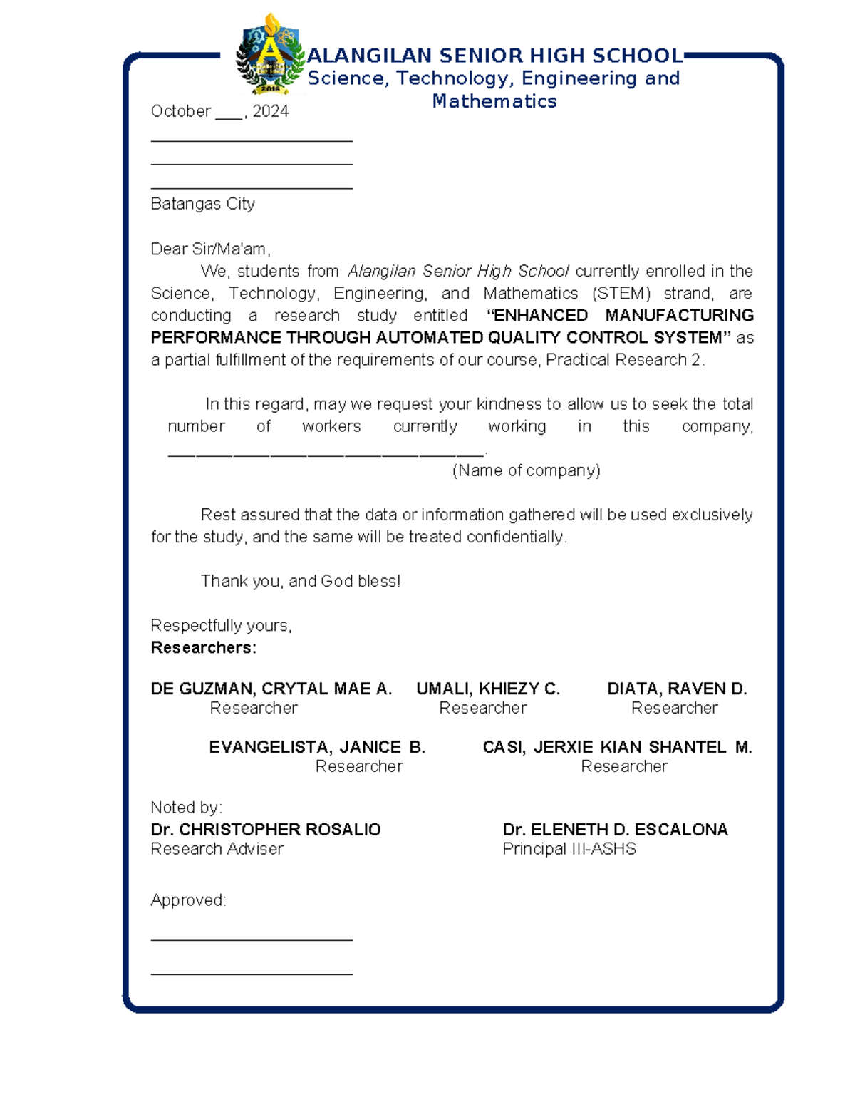 Population Letter & Letter TO Respondents - ALANGILAN SENIOR HIGH ...