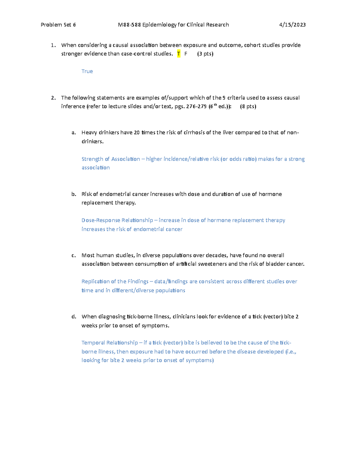 Problem Set 6 - Key - When considering a causal association between ...
