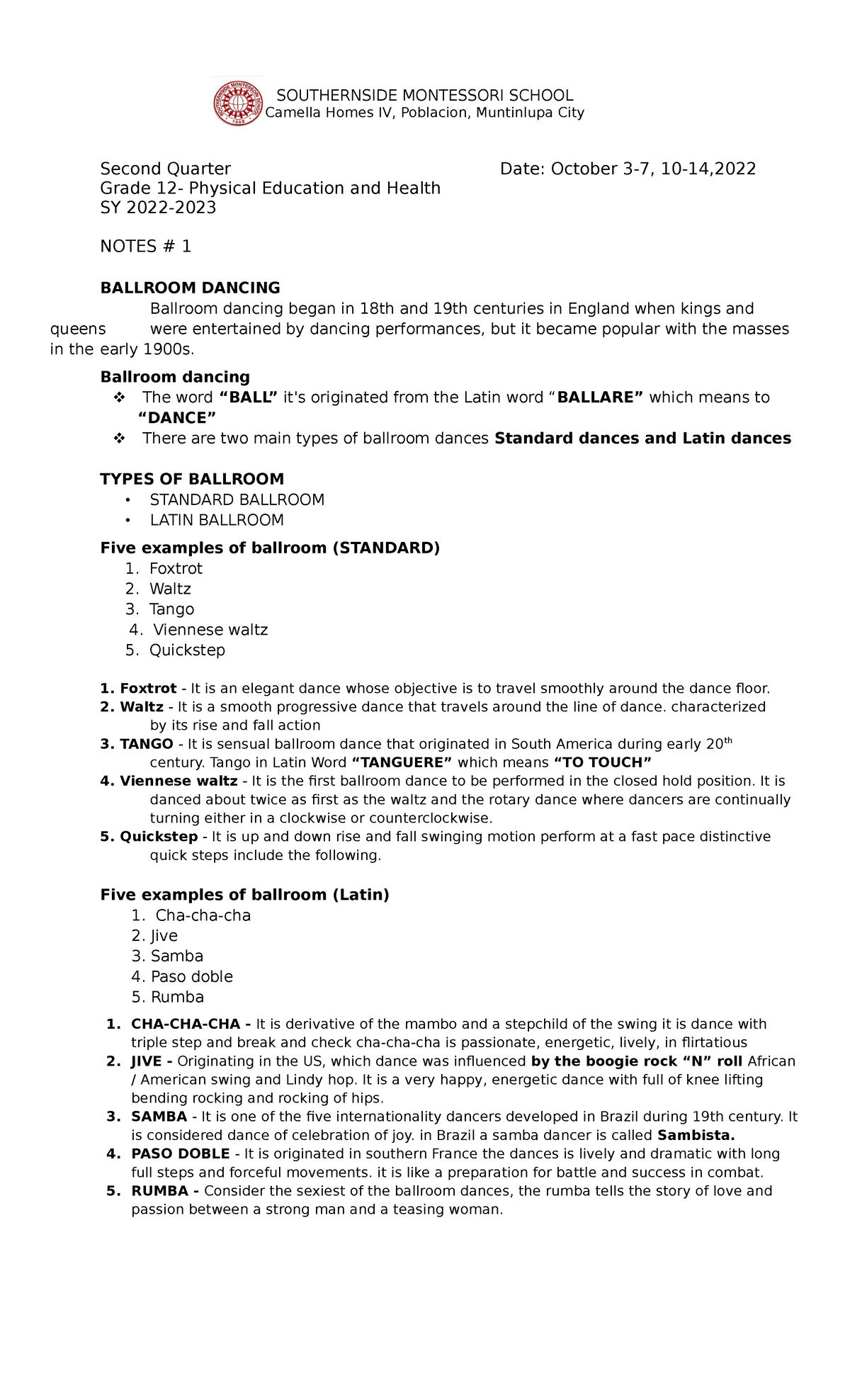 Notes 1-Ballroom - SOUTHERNSIDE MONTESSORI SCHOOL Camella Homes IV ...