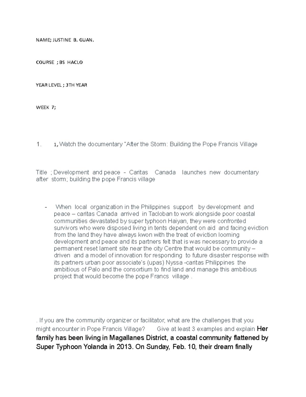 Week 7 assigment - haclo - NAME; JUSTINE B. GUAN. COURSE ; BS HACLO ...