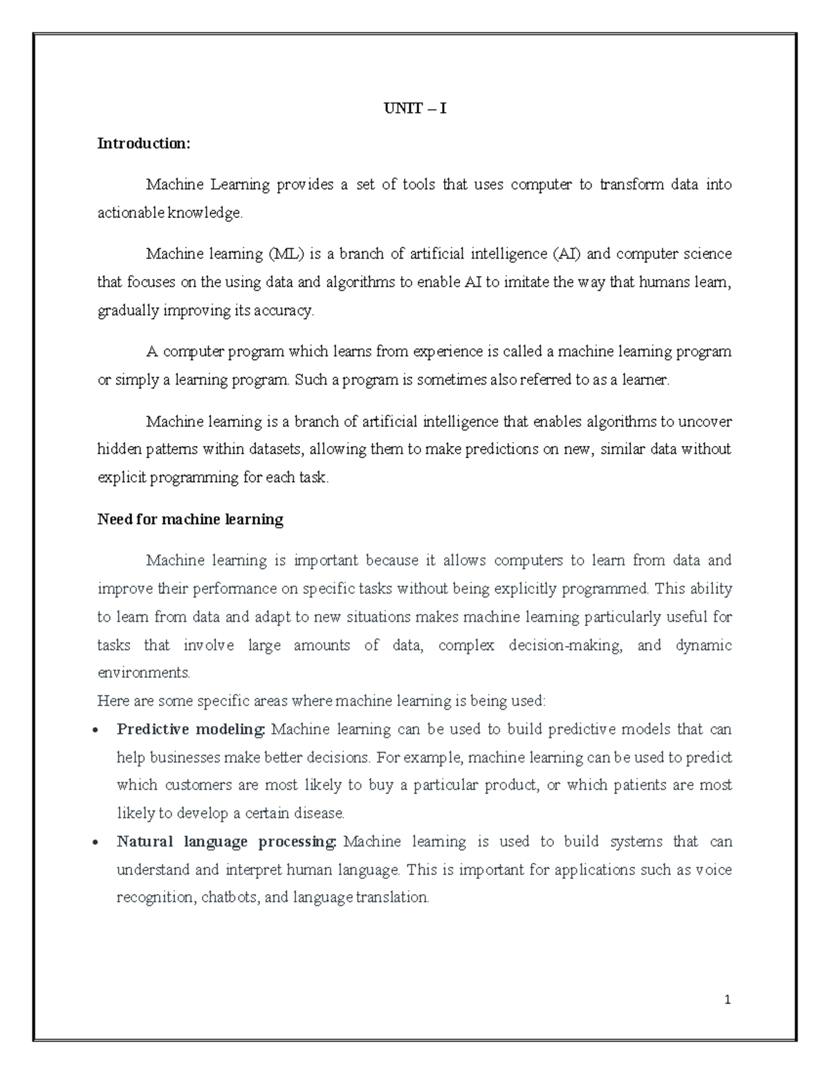 Unit I Ml Machine Learning Notes Unit I Introduction Machine Learning Provides A Set Of