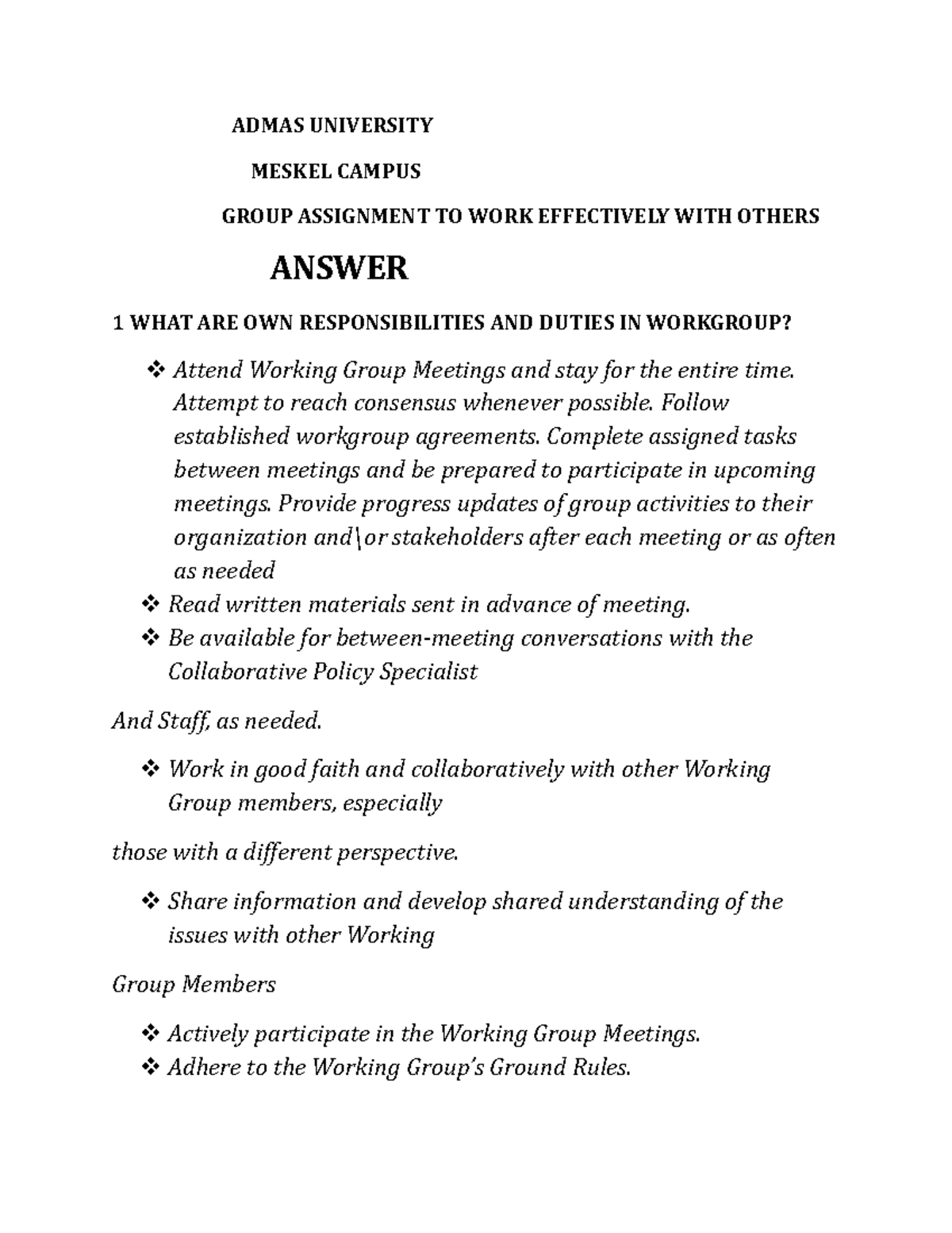 Roles and Responsibilities of Working Group Members - ADMAS UNIVERSITY ...