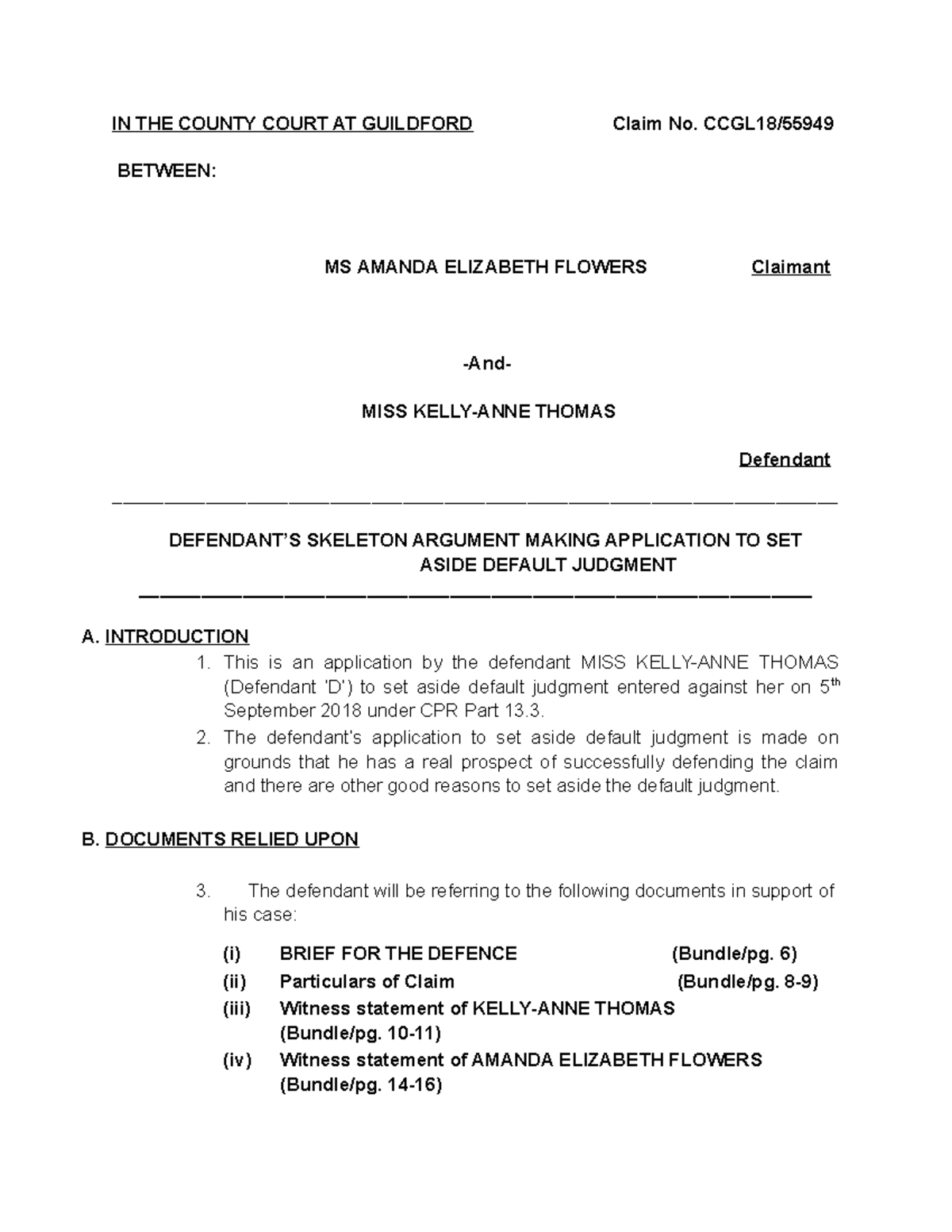 Skeleton Argument 52022 IN THE COUNTY COURT AT GUILDFORD Claim No