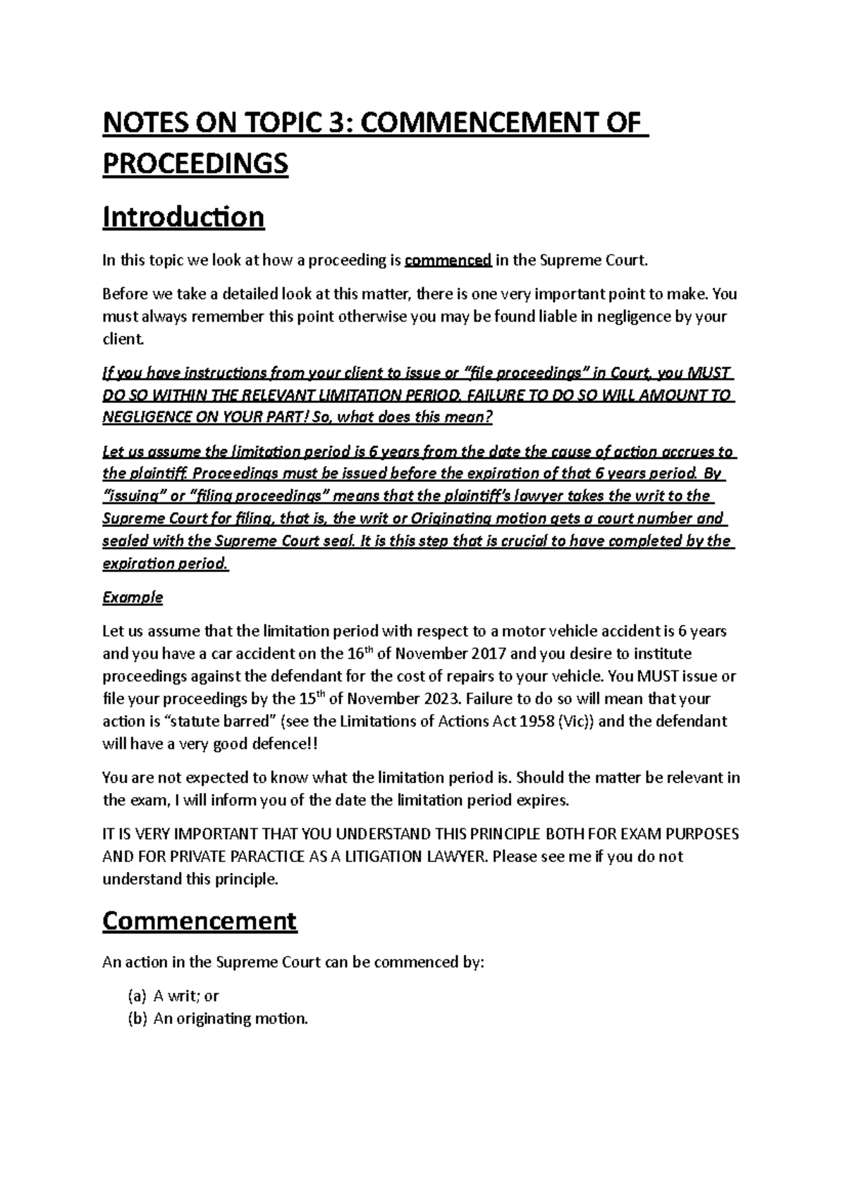 Notes ON Topic 3 - NOTES ON TOPIC 3: COMMENCEMENT OF PROCEEDINGS ...