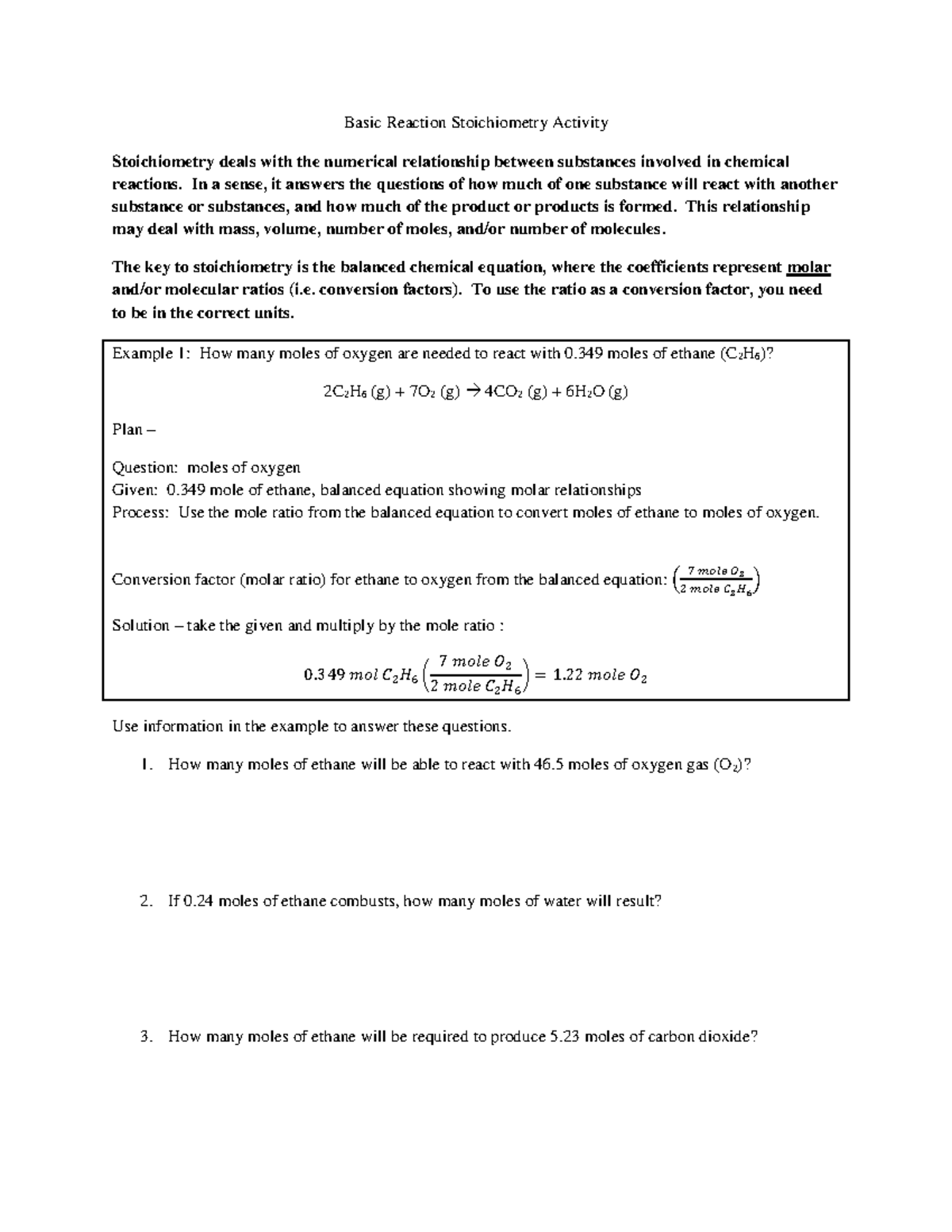 7.g Reaction Stoichiometry - Basic Reaction Stoichiometry Activity ...