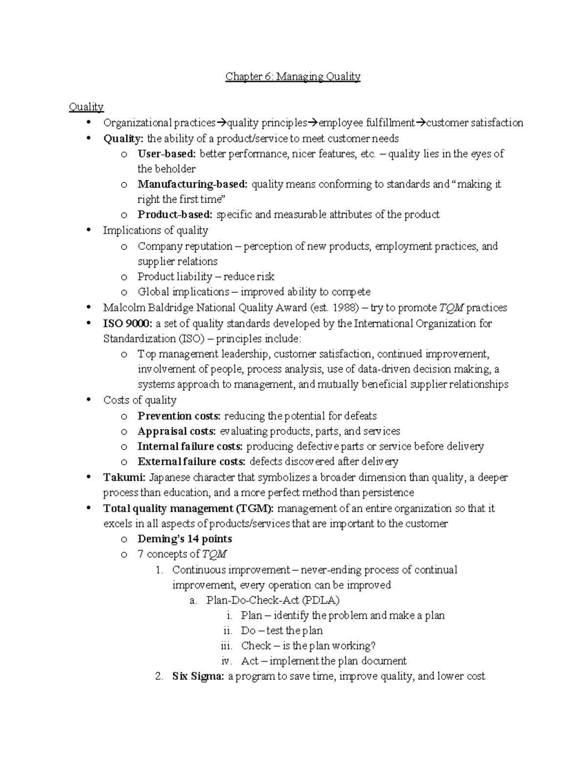 Study Guide Chapter 6 Managing Quality - Chapter 6: Managing Quality ...
