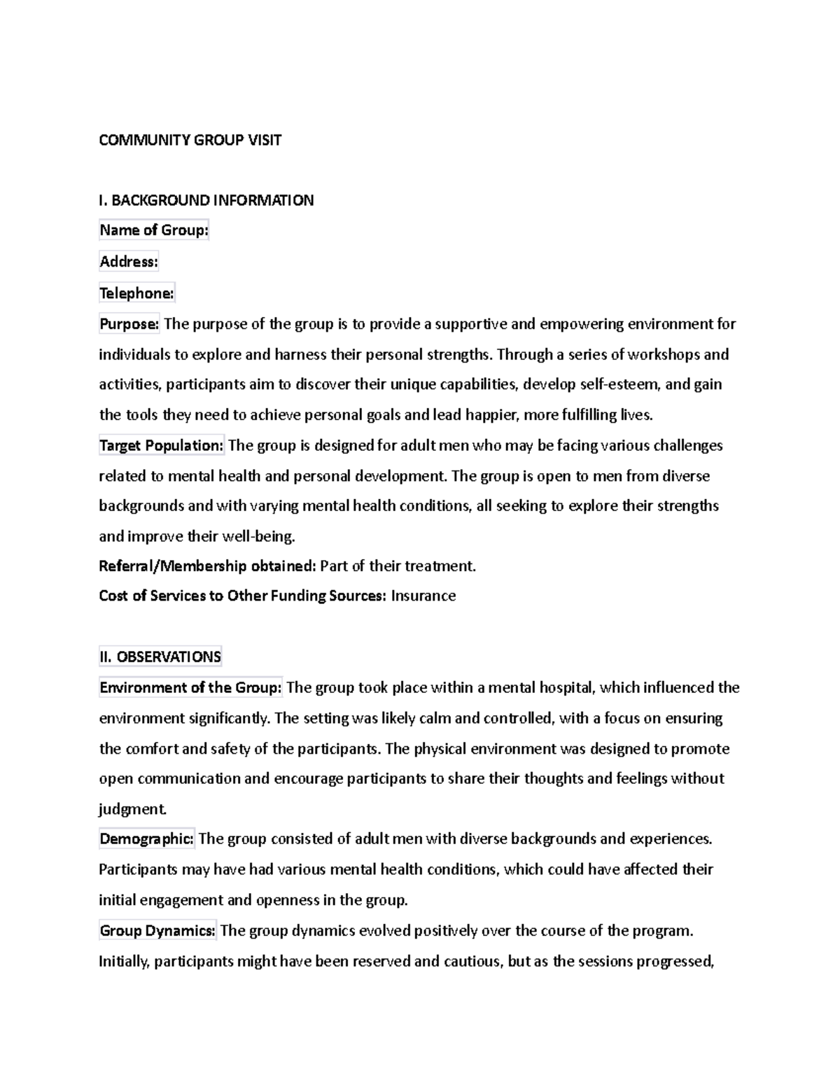 Community visit - COMMUNITY GROUP VISIT I. BACKGROUND INFORMATION Name ...