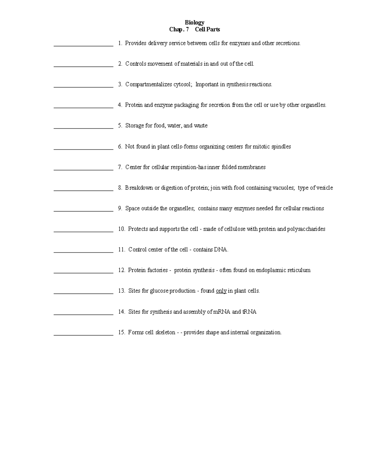 Chapter 7 - Cell Parts - Biology Chap. 7 Cell Parts ...